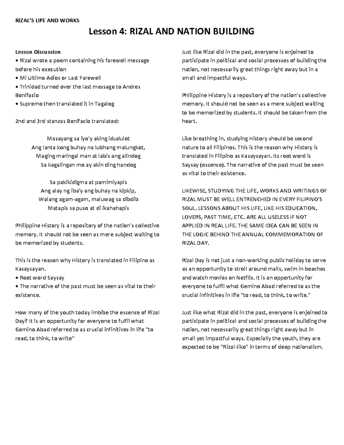 Rizal Lesson 4 - RIZAL'S LIFE AND WORKS Lesson 4: RIZAL AND NATION BUILDING Lesson Discussion ...