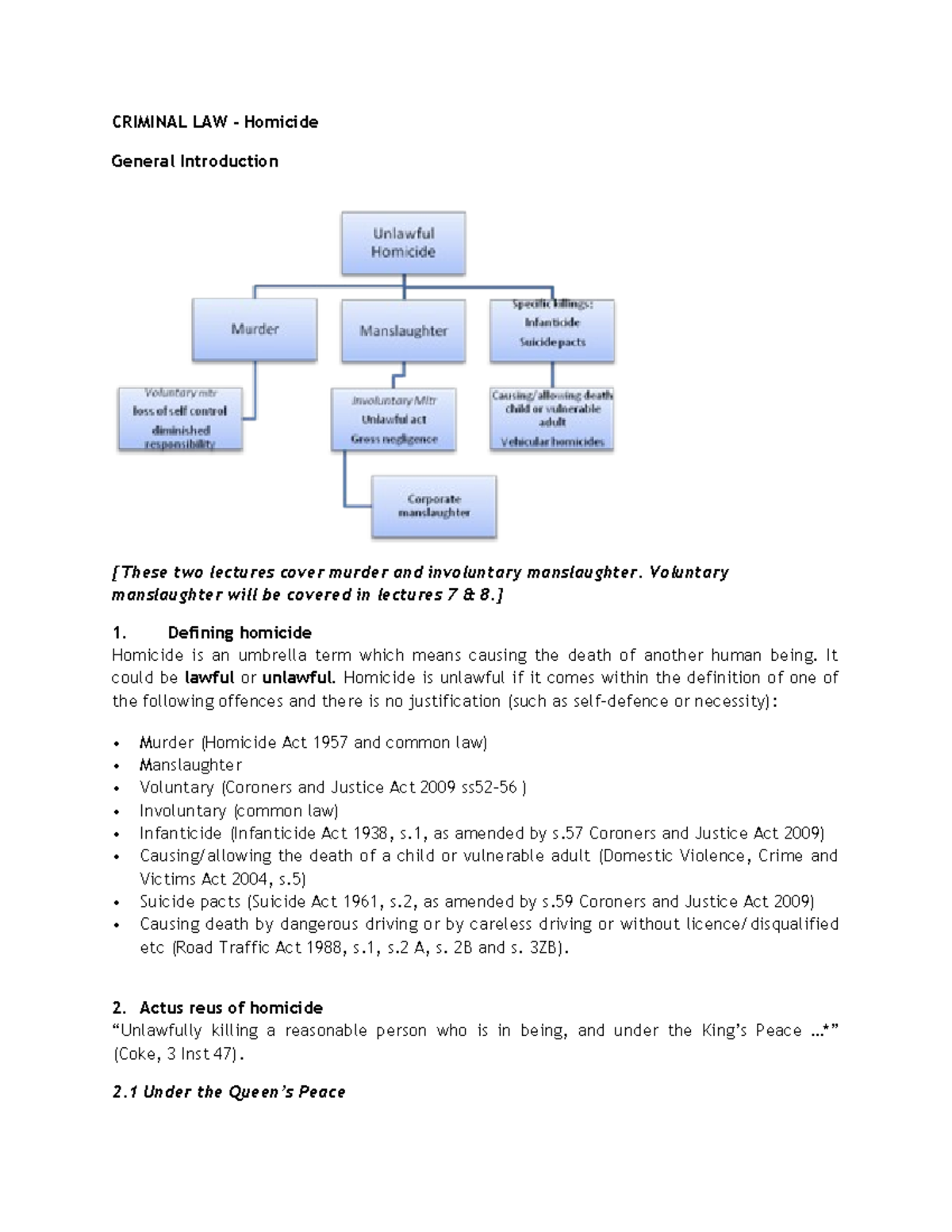 Lectures 5-7 Handout - Criminal (Different Types of Homicide ...