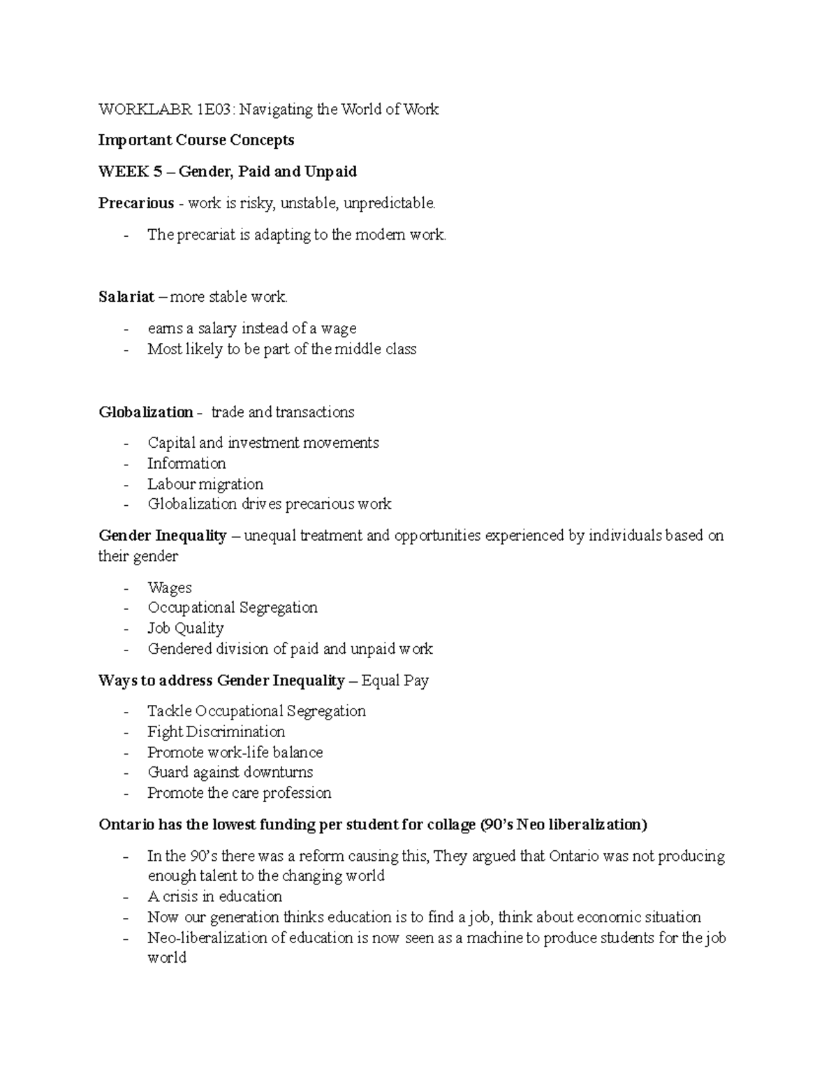 Imporant Course Concepts - WORKLABR 1E03: Navigating the World of Work ...