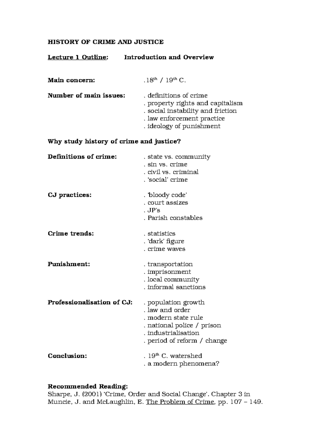 Lecture 1 Outline - HISTORY OF CRIME AND JUSTICE Lecture 1 Outline ...