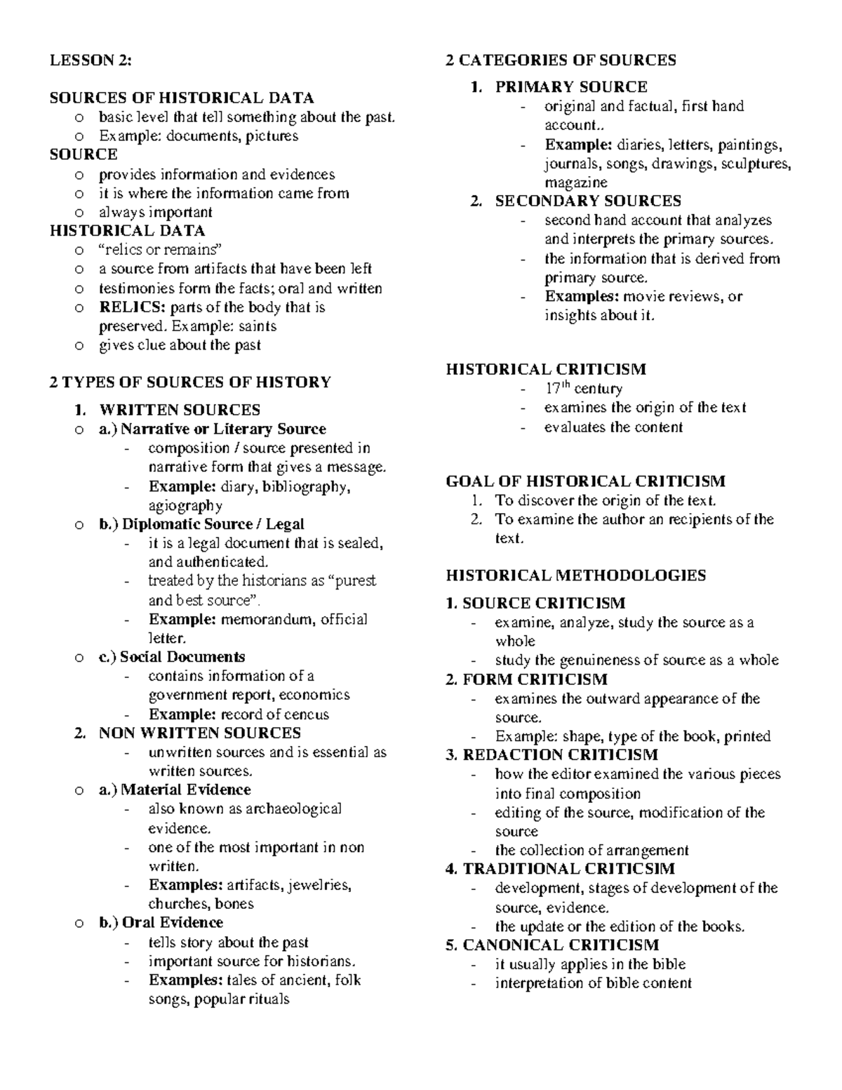 Lesson 2 - lec 2 - LESSON 2: SOURCES OF HISTORICAL DATA o basic level ...