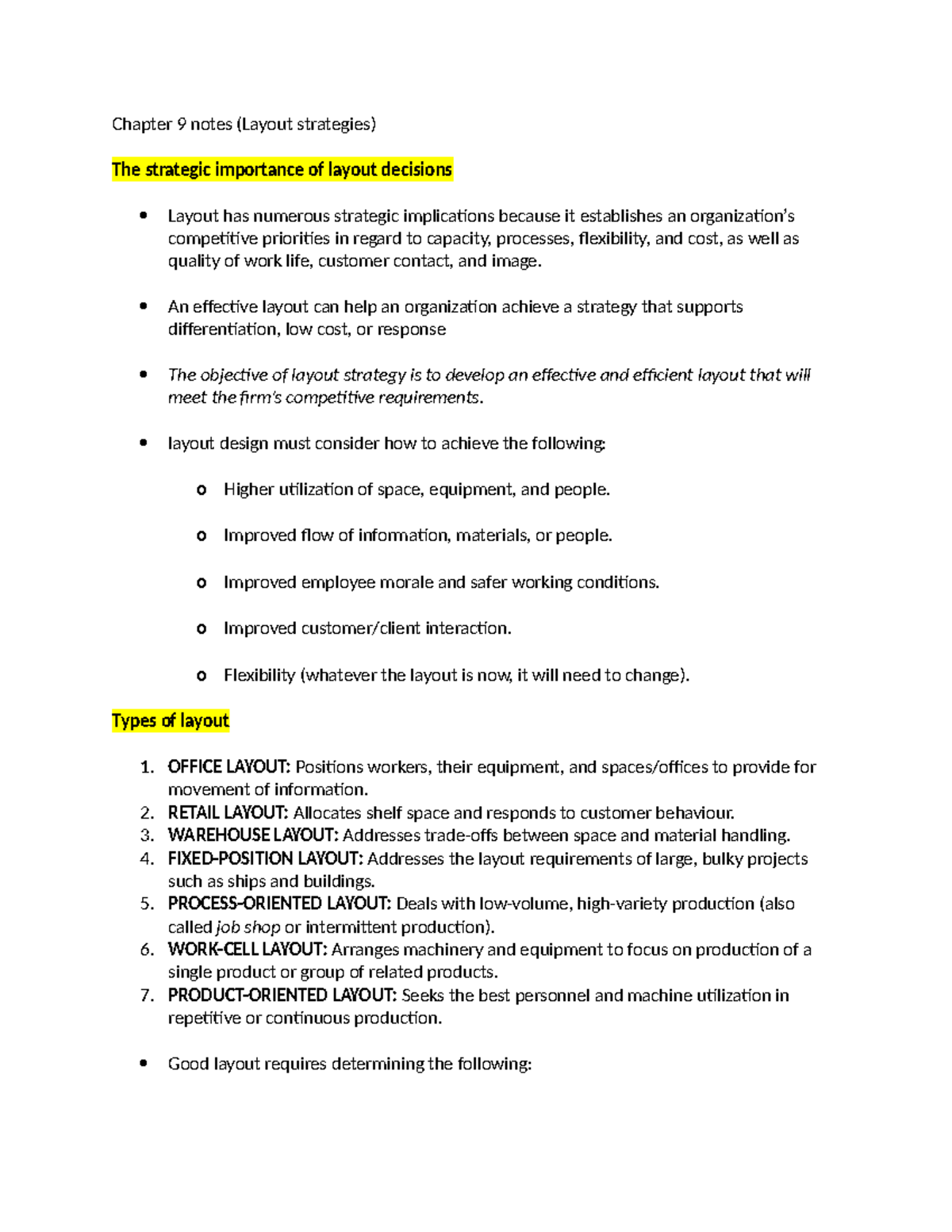 Chapter 9 notes-ihrm human resouce - Chapter 9 notes (Layout strategies ...