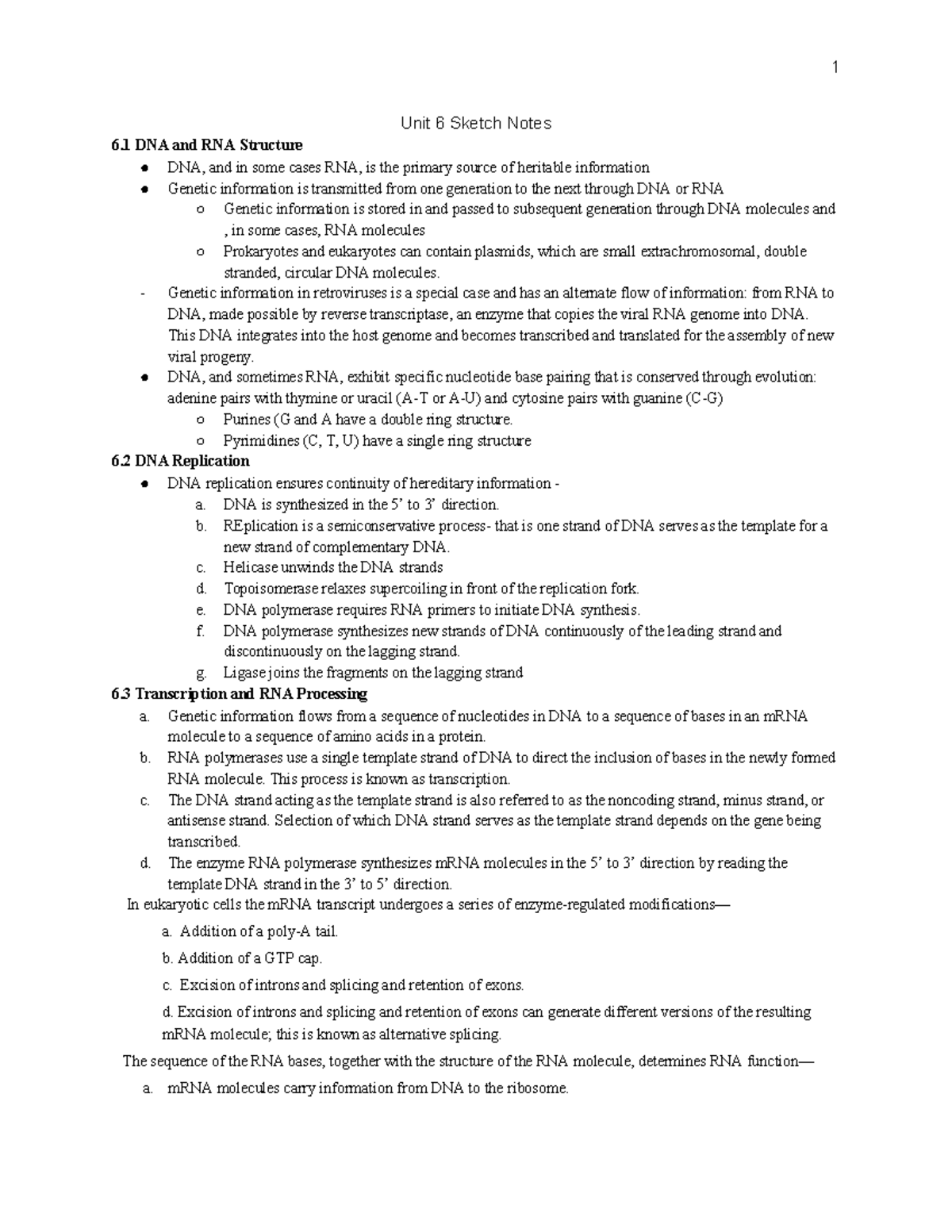 AP Bio- Unit 6 Sketch Notes - 1 Unit 6 Sketch Notes 6 DNA and RNA ...