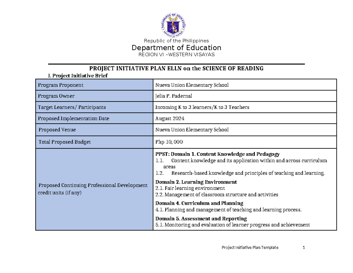 Nueva Union ES ELLN Project-Initiative-Plan - Department of Education ...