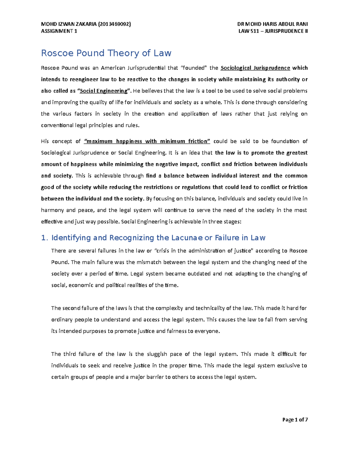 Roscoe Pound Theory of Law - ASSIGNMENT 1 LAW 511 – JURISPRUDENCE II ...