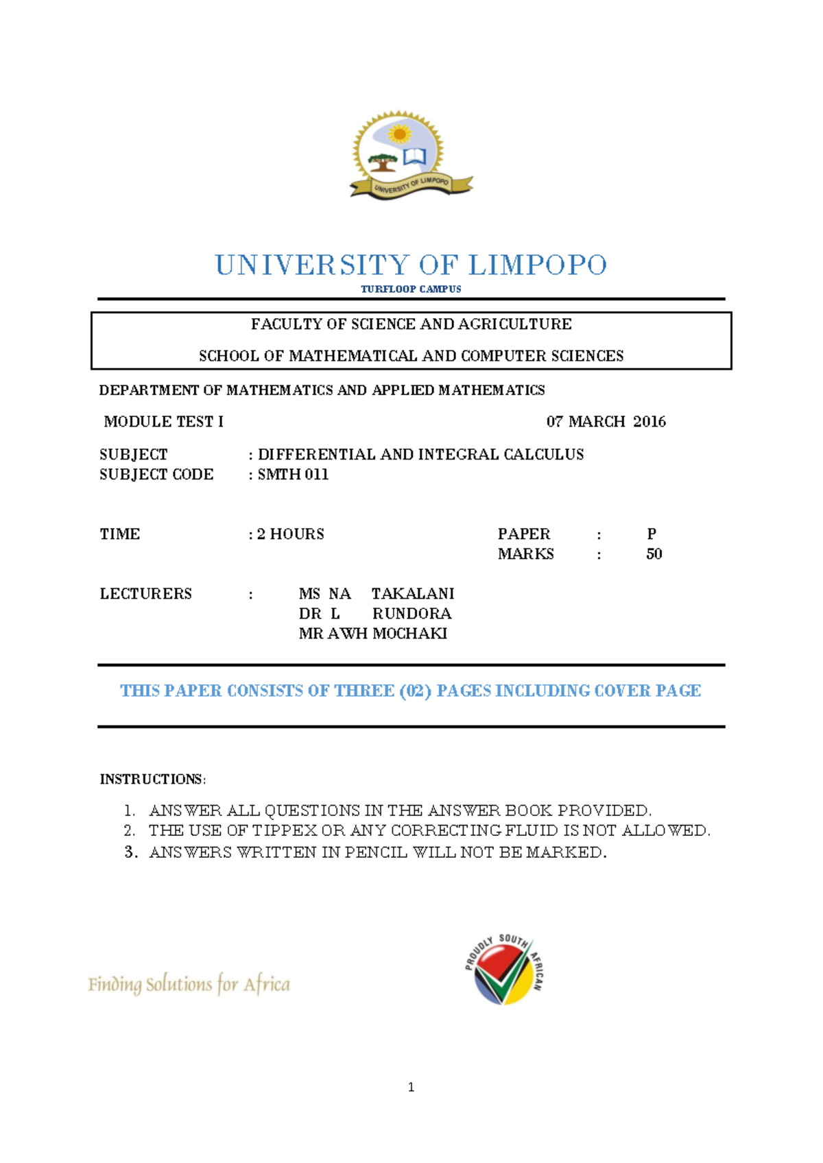 SMTH011 TEST 1 2016 - 1 UNIVERSITY OF LIMPOPO TURFLOOP CAMPUS FACULTY ...
