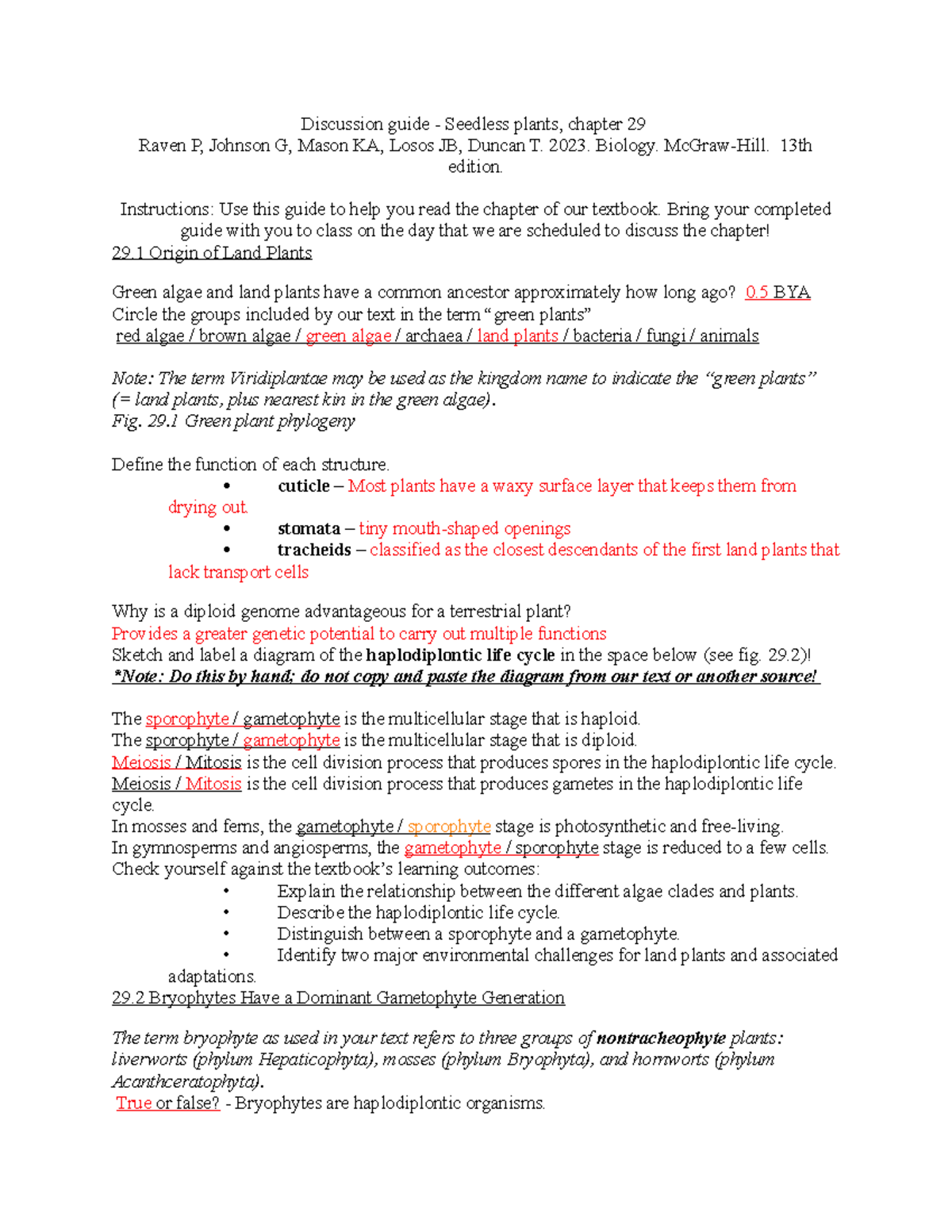 Discuss RJ 13e Ch29 Seedlessplants - Discussion guide - Seedless plants ...