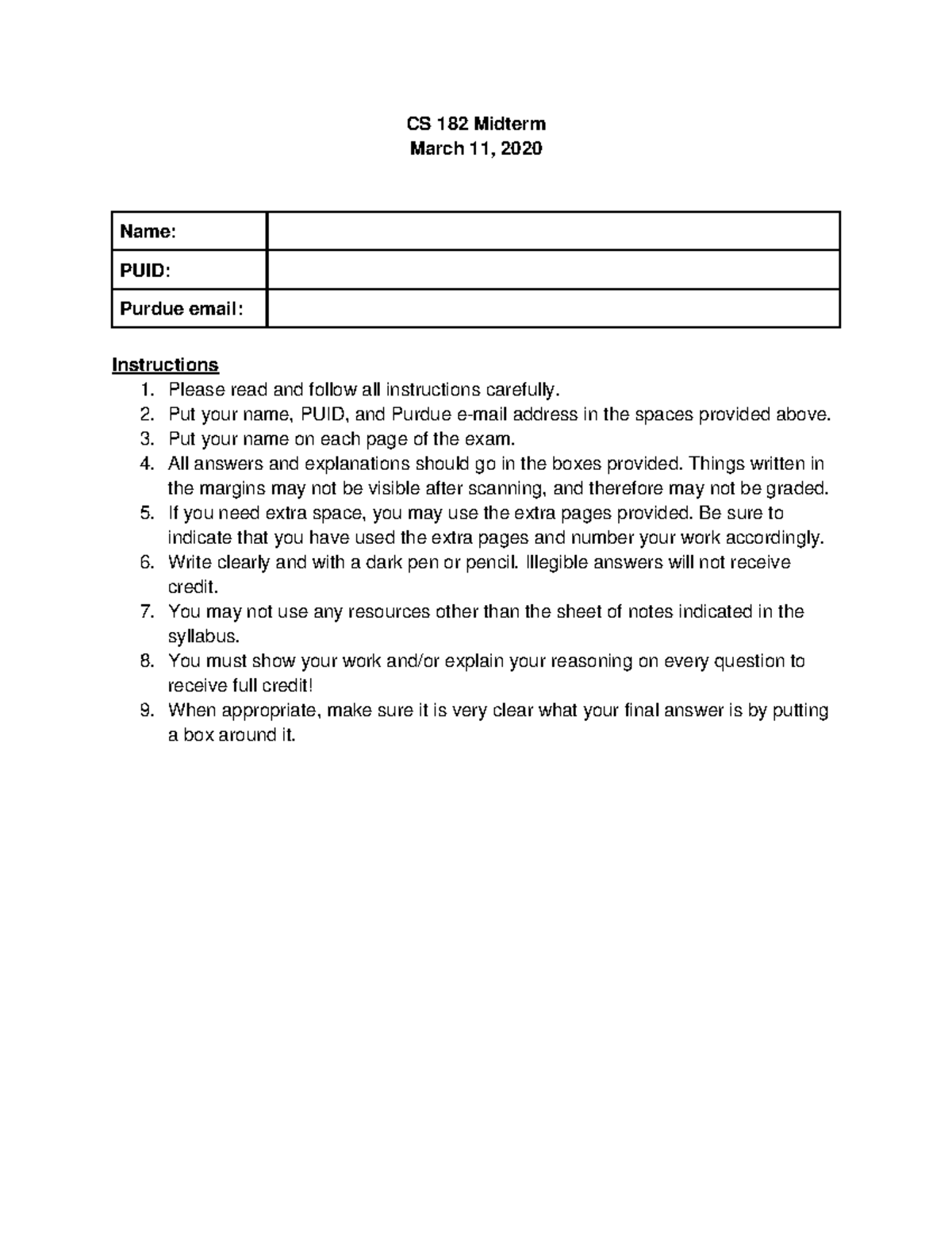 480608697 CS 182 Midterm 2020 pdf - CS 182 Midterm March 11, 2020 Name: PUID: Purdue email ...