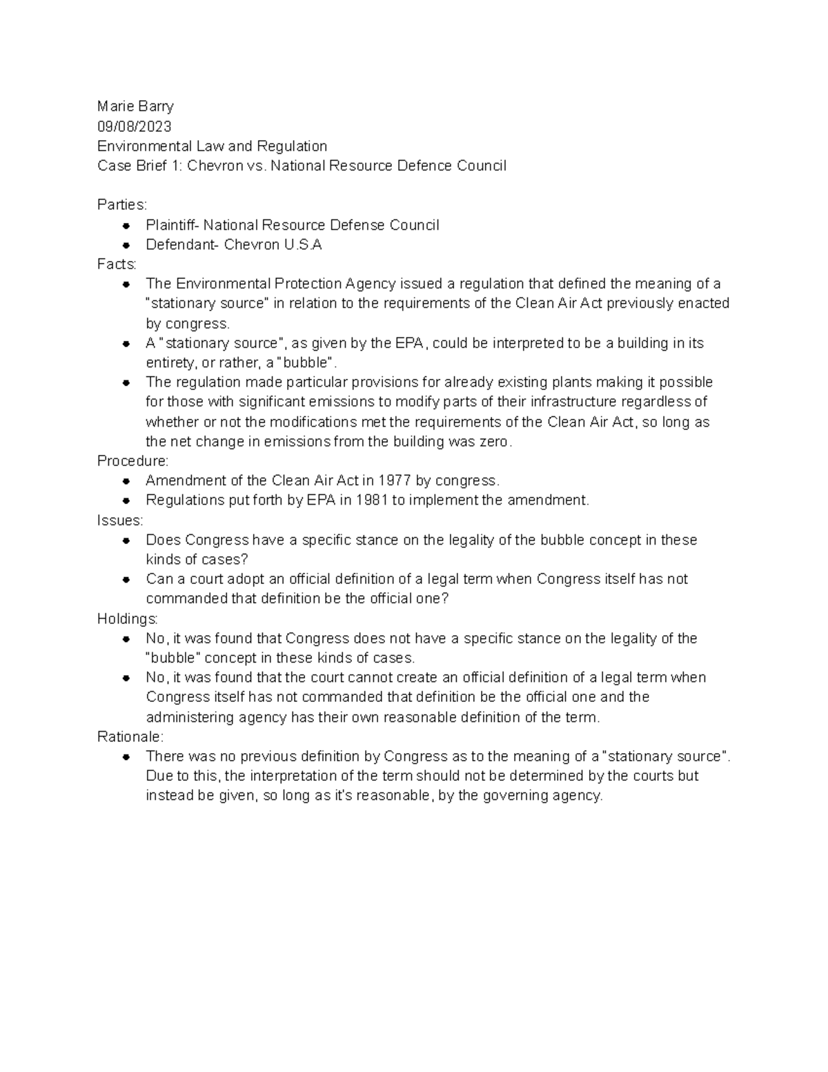 Chevron vs. NRDC - Case study. - Marie Barry 09/08/ Environmental Law ...