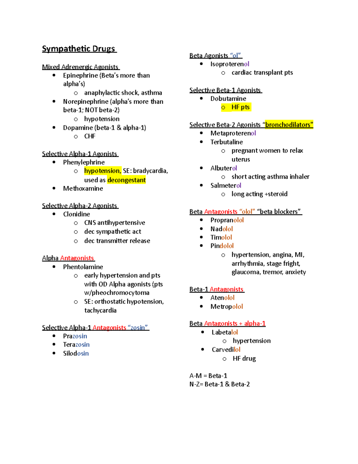 Lec 4-6 - Pharm Notes - Sympathetic Drugs Mixed Adrenergic Agonists ...