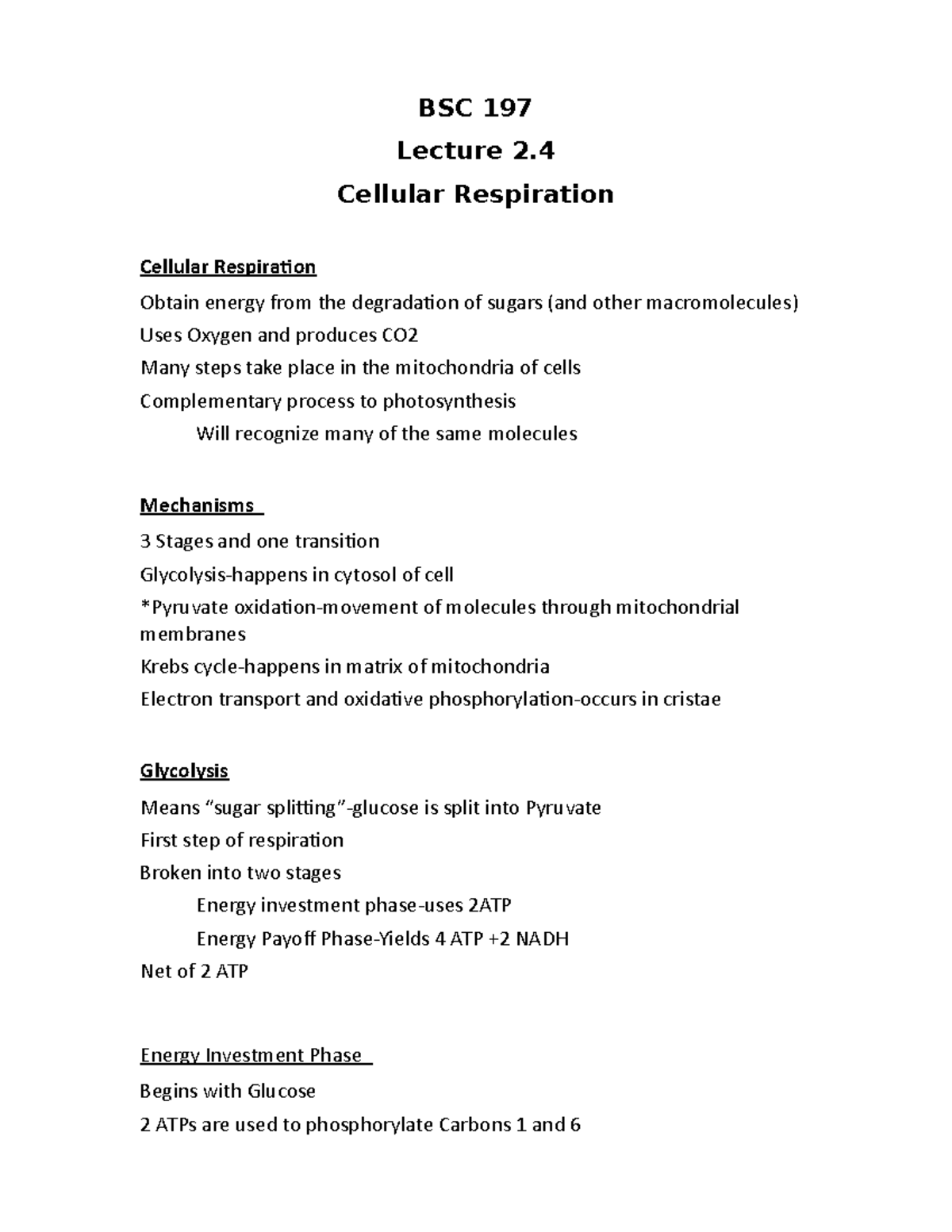 2.4 Cellular Respiration - BSC 197 Lecture 2. Cellular Respiration Cellular Respiration Obtain ...