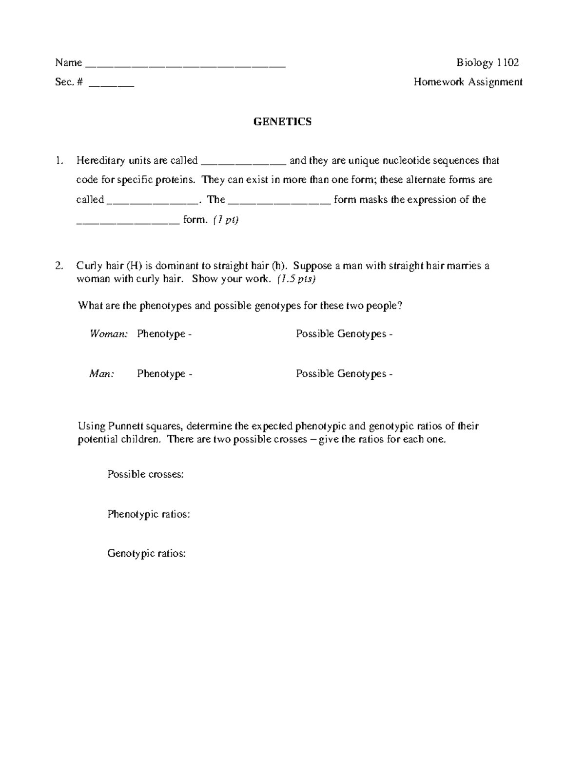 1. Genetics HW F22 - Name ___________________________________ Biology ...