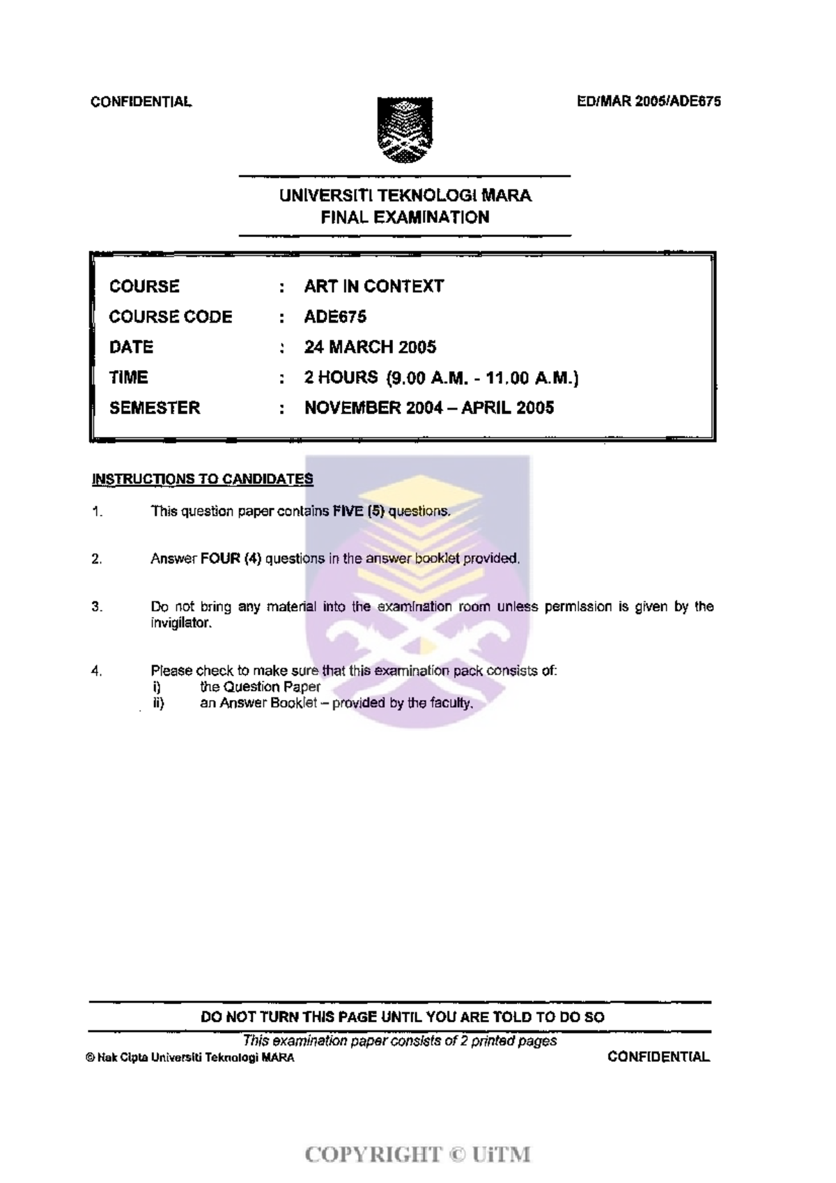 ADE675 - Past Past year - Applied Sciences - UiTM - Studocu