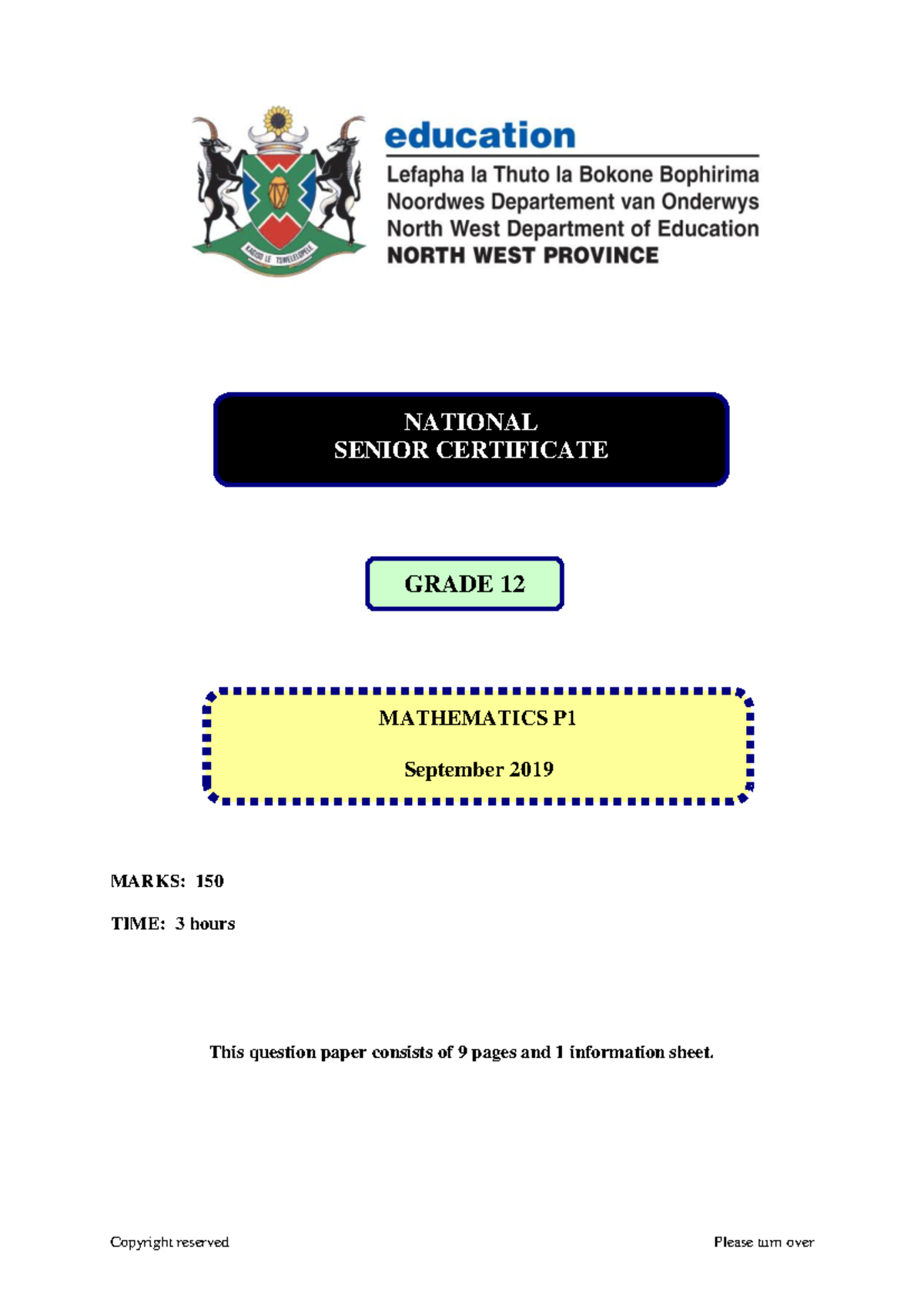 North WEST Maths P1 sep 2019 - MARKS: 150 TIME: 3 hours This question ...