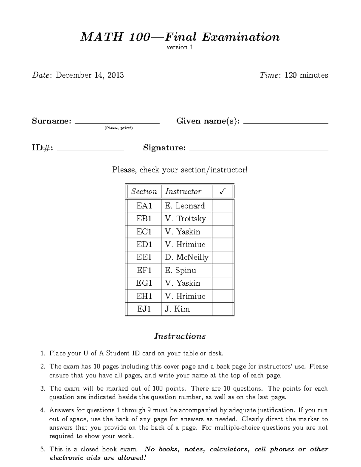 M100f2013 final - MATH 100—Final Examination version 1 Date: December ...