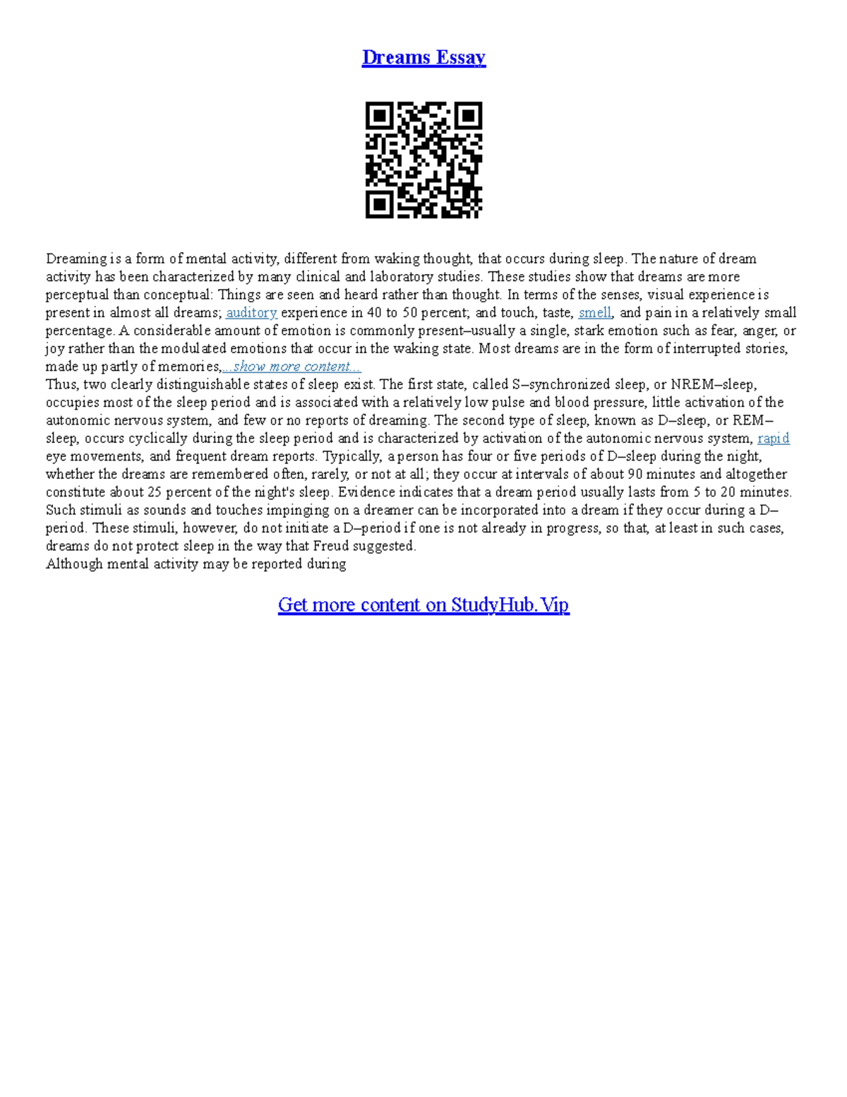 Essay Dream Essay Dream - Dreams Essay Dreaming is a form of mental ...