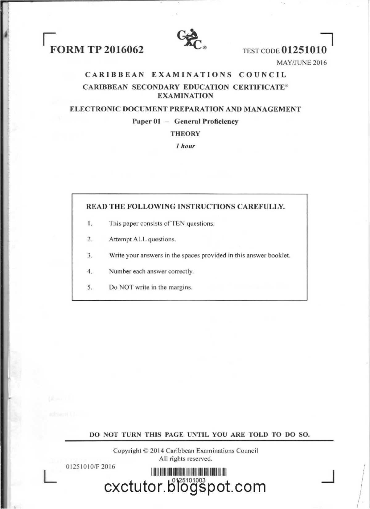 EDPM - Paper 01 - cxctutor - I FORM TP 2016062 I TEST CODE 01251010 L ...