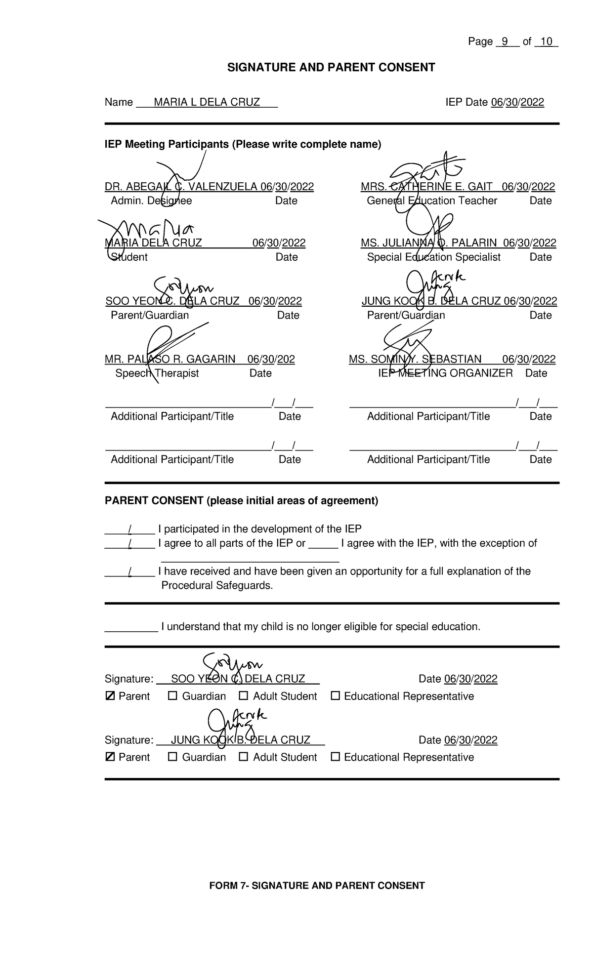 Form 7 Signature and Parent Consent Completed - Page 9_ of 10 SIGNATURE ...