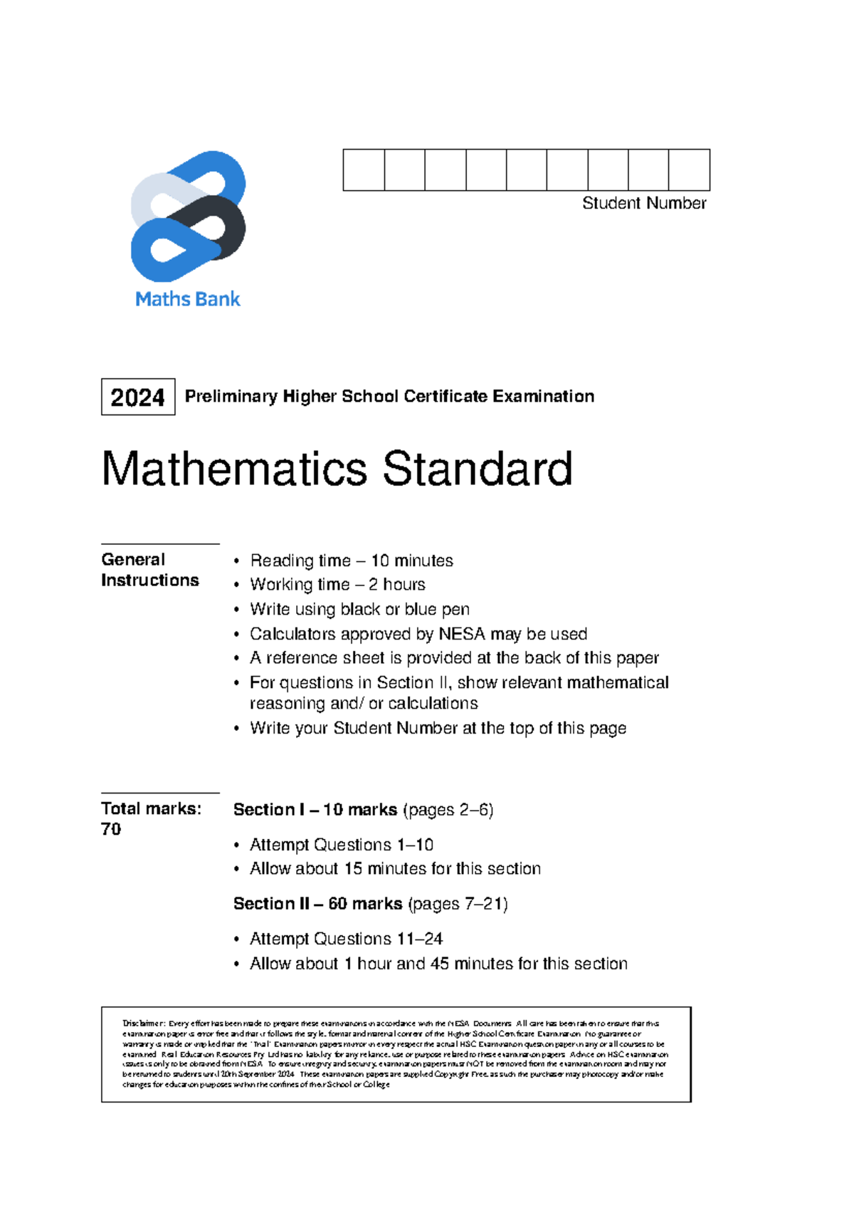 2024 Year 11 Mathematics Standard Preliminary Examination - Student ...