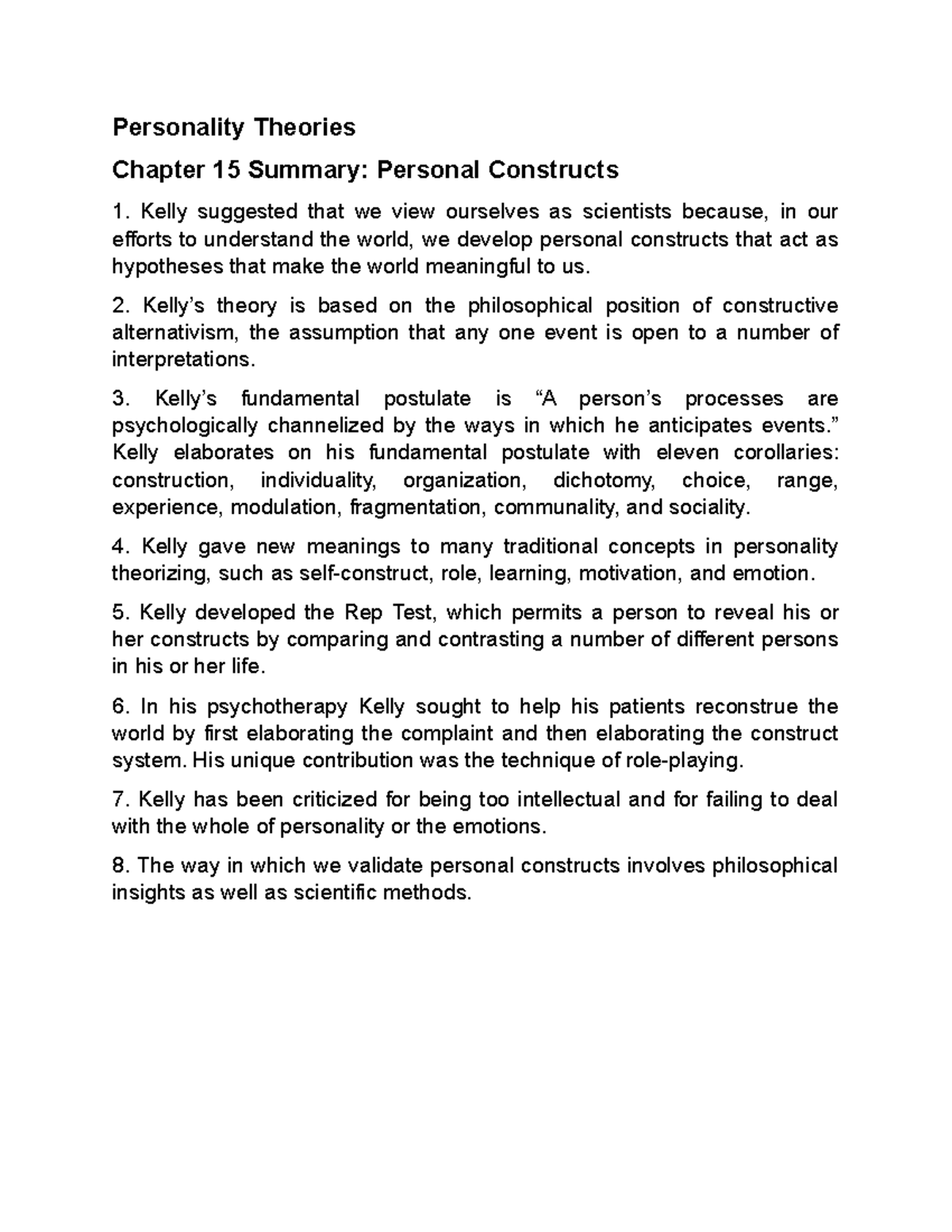 Personal Constructs - Summary - Personality Theories Chapter 15 Summary ...