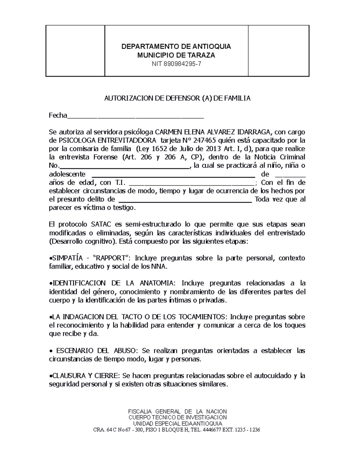 Autorizacion DEF. FAM. en Blanco - DEPARTAMENTO DE ANTIOQUIA MUNICIPIO ...