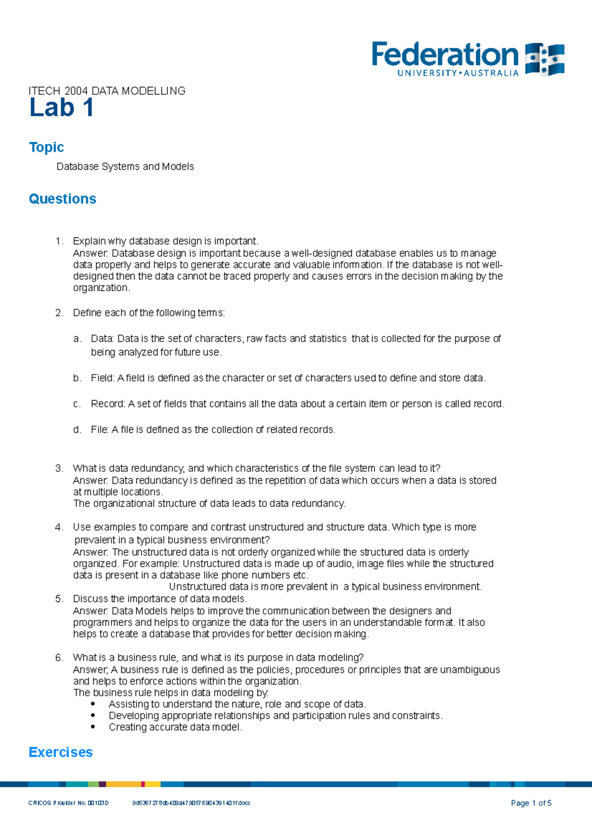 Itech 2004 01 Lab This The Lab Task Of Week 1 Itech 2004 Data Modelling Lab 1 Topic Database