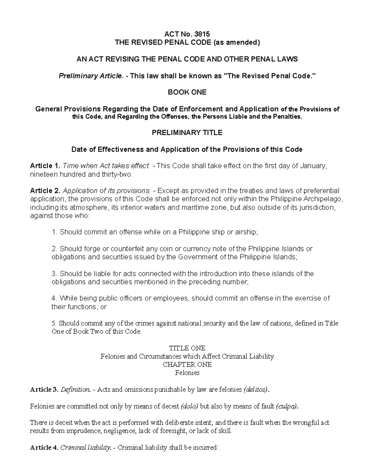 Revised Penal CODE 3815 ACT No 3815 THE REVISED PENAL CODE as