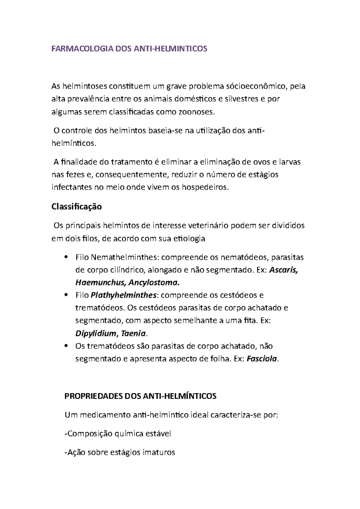 Farmacologia anti-helmintos - FARMACOLOGIA DOS ANTI-HELMINTICOS As ...