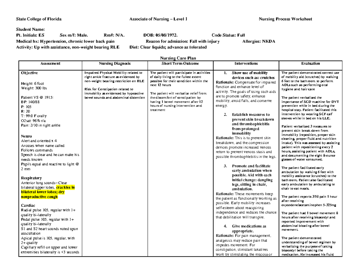 Care Plan - Fall with Injury - ORIF - State College of Florida ...