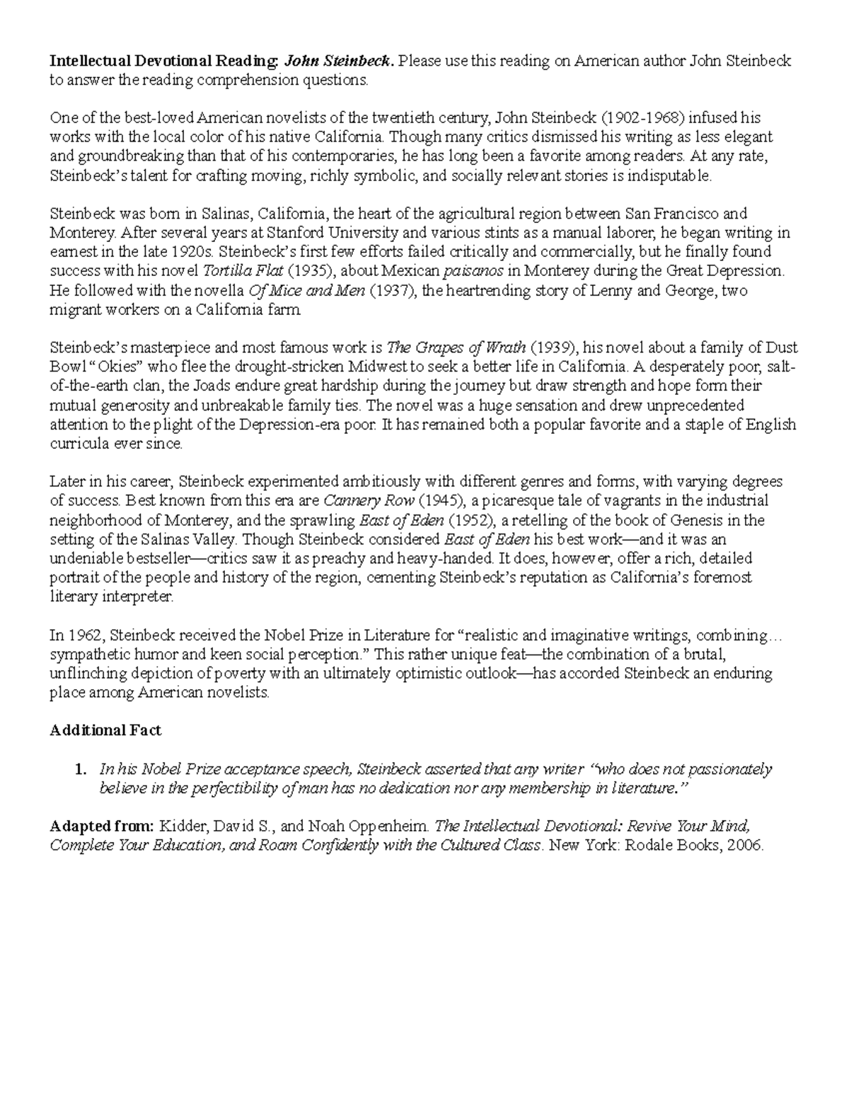 Short reading on john steinbeck - EN1014 - SU - Studocu