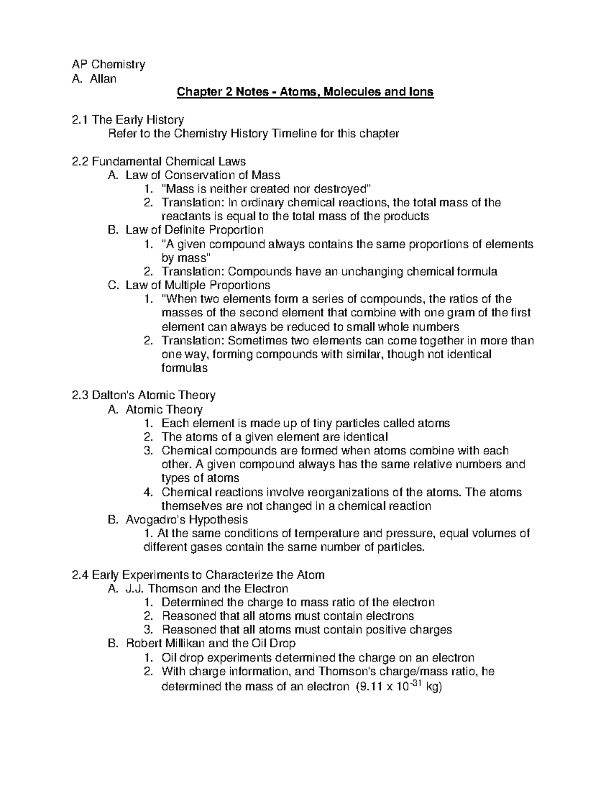 Chemistry Chapter 2 - Atoms, Molecules and Ions - AP Chemistry A. Allan ...