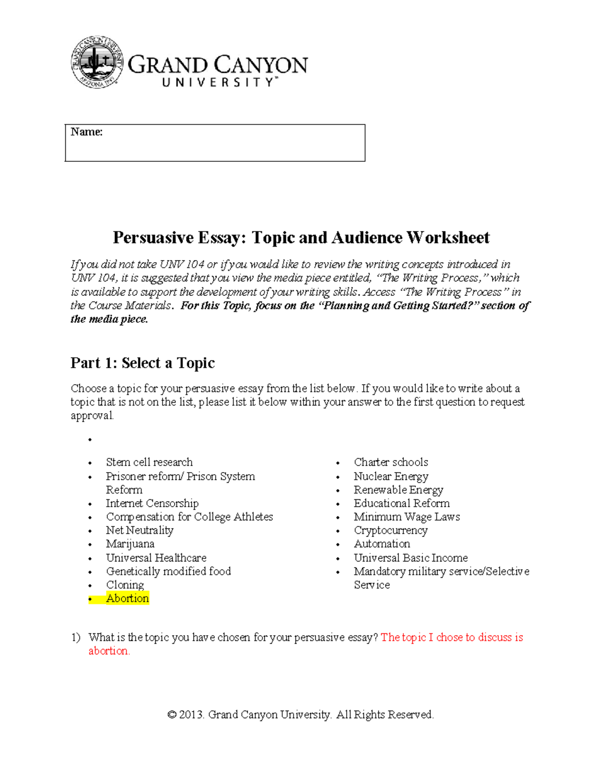 Persuasive Essay Topic and Audience Worksheet - Access “The Writing ...