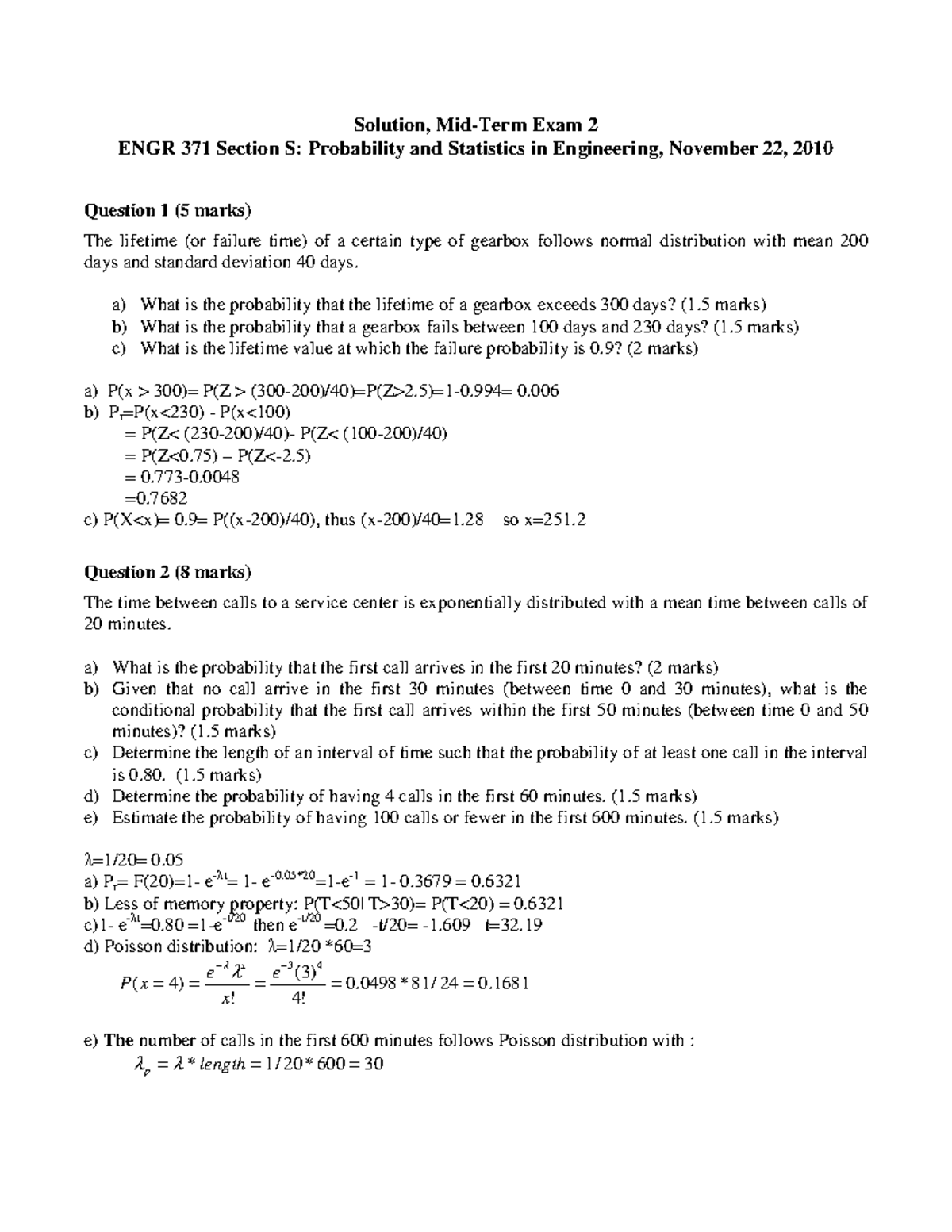 Midterm - (2010-F) Concordia - Solution, Mid-Term Exam 2 ENGR 371 ...