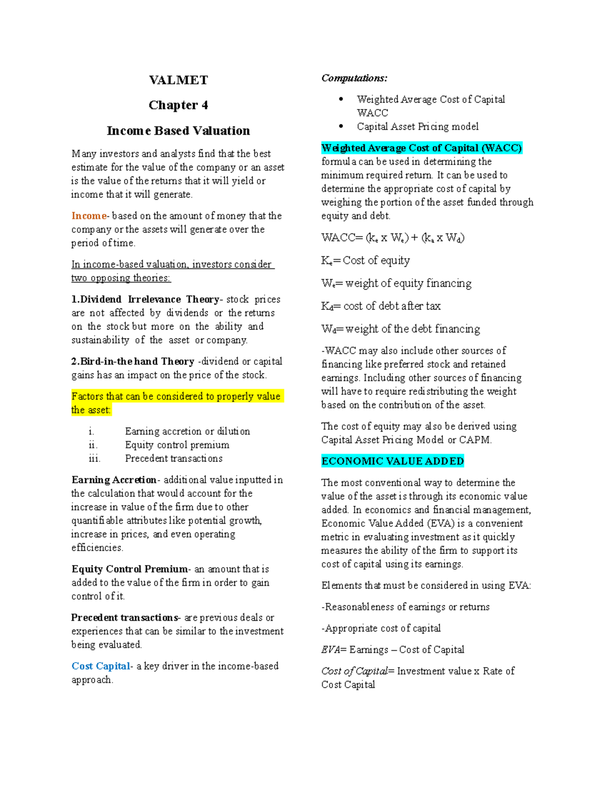 CH04 Incomebasedvaluation - VALMET Chapter 4 Income Based Valuation ...