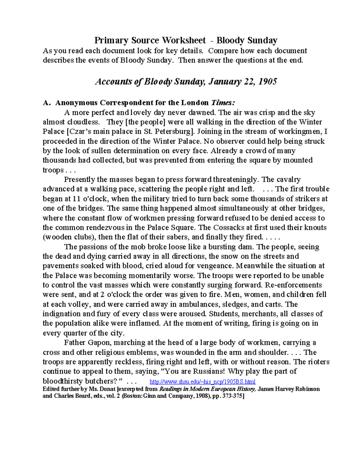 Bloody Sunday Primary Source Worksheet - Studocu