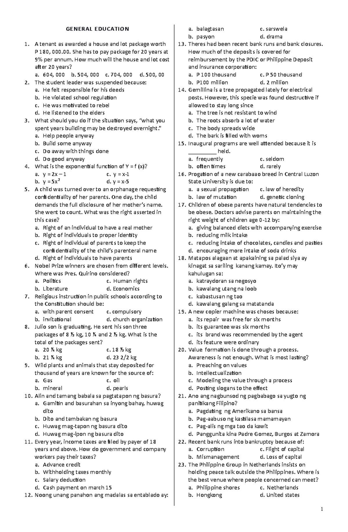 General Education - Notes - GENERAL EDUCATION A tenant as awarded a ...