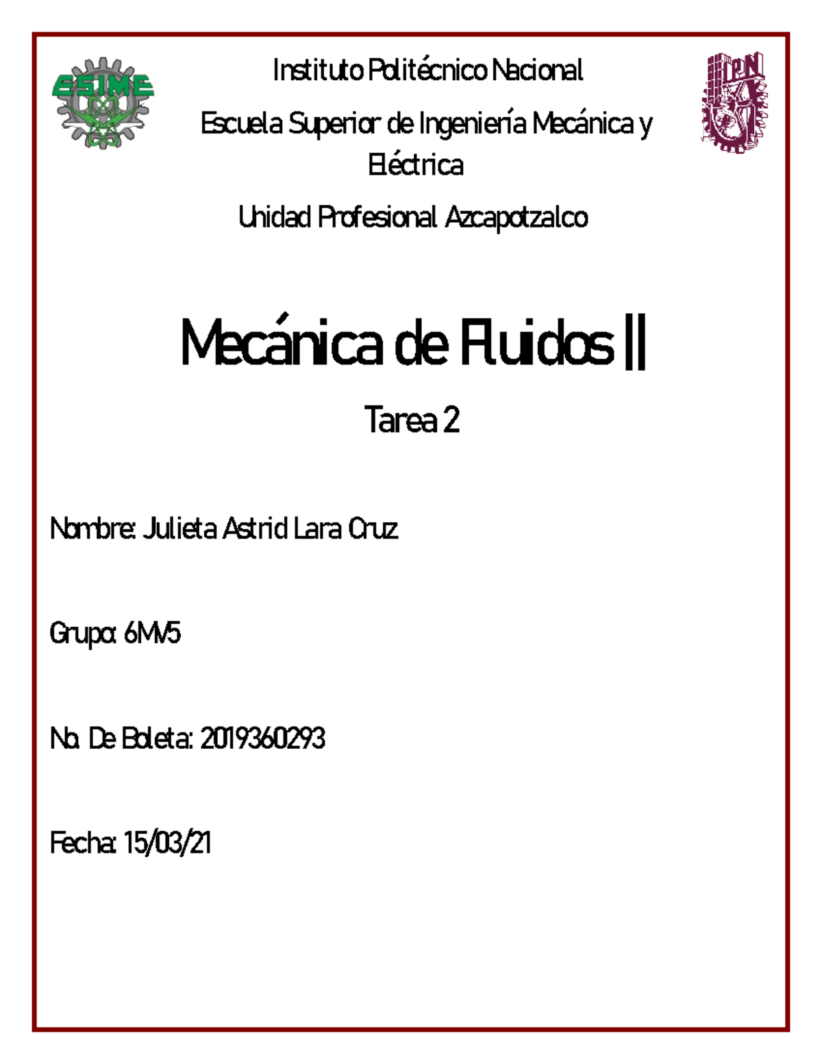 Tarea 2 Meca Fluidos 2 - Instituto Politécnico Nacional Escuela Superior de Ingeniería Mecánica ...