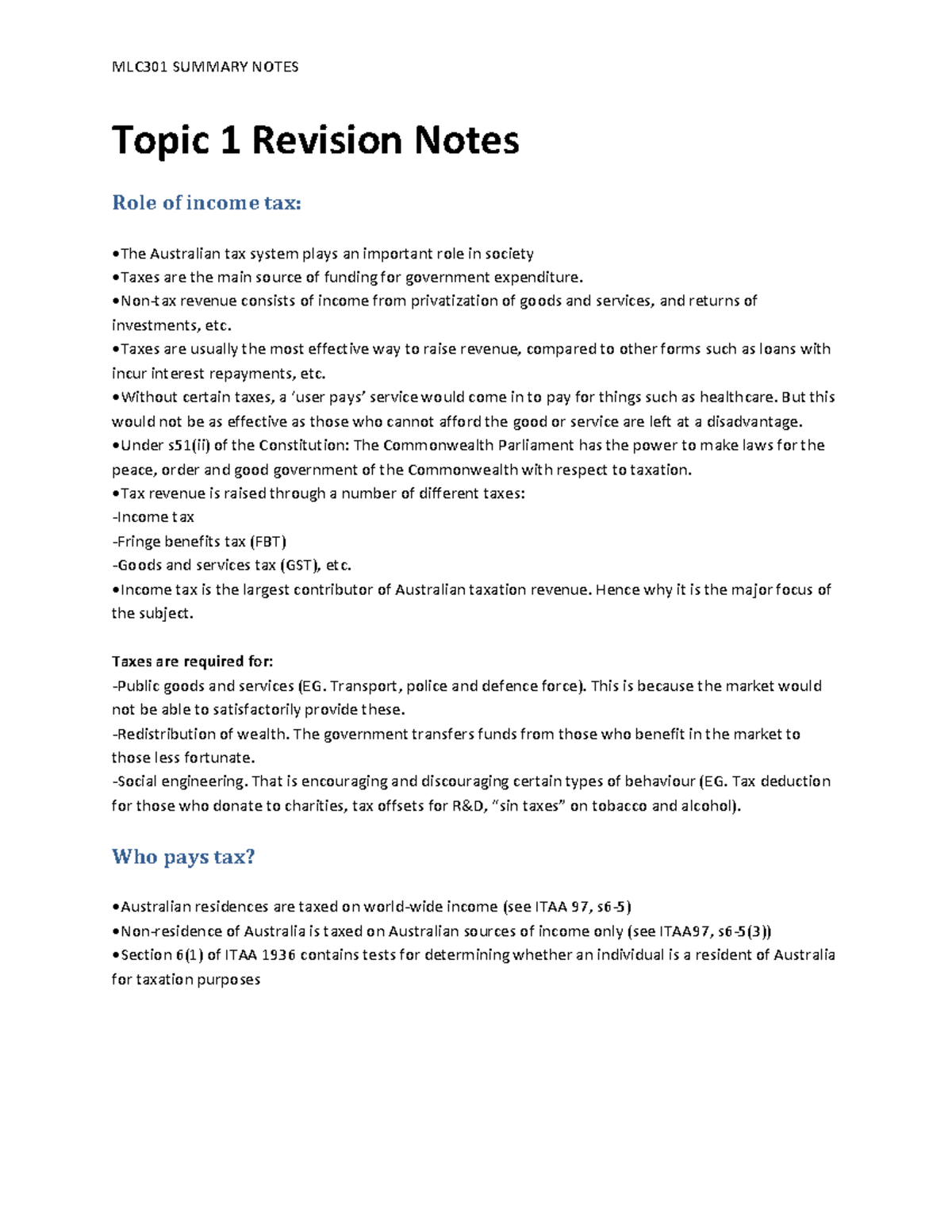 My Summar Of Notes Cases MLC301 SUMMARY NOTES Topic 1 Revision