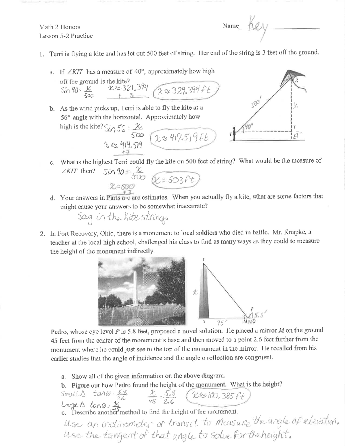 Lesson 6-2 Practice Honors 2 - grade 10 math trig - Studocu