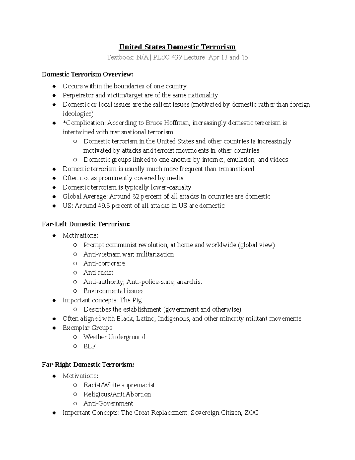 United States Domestic Terrorism Notes - United States Domestic ...