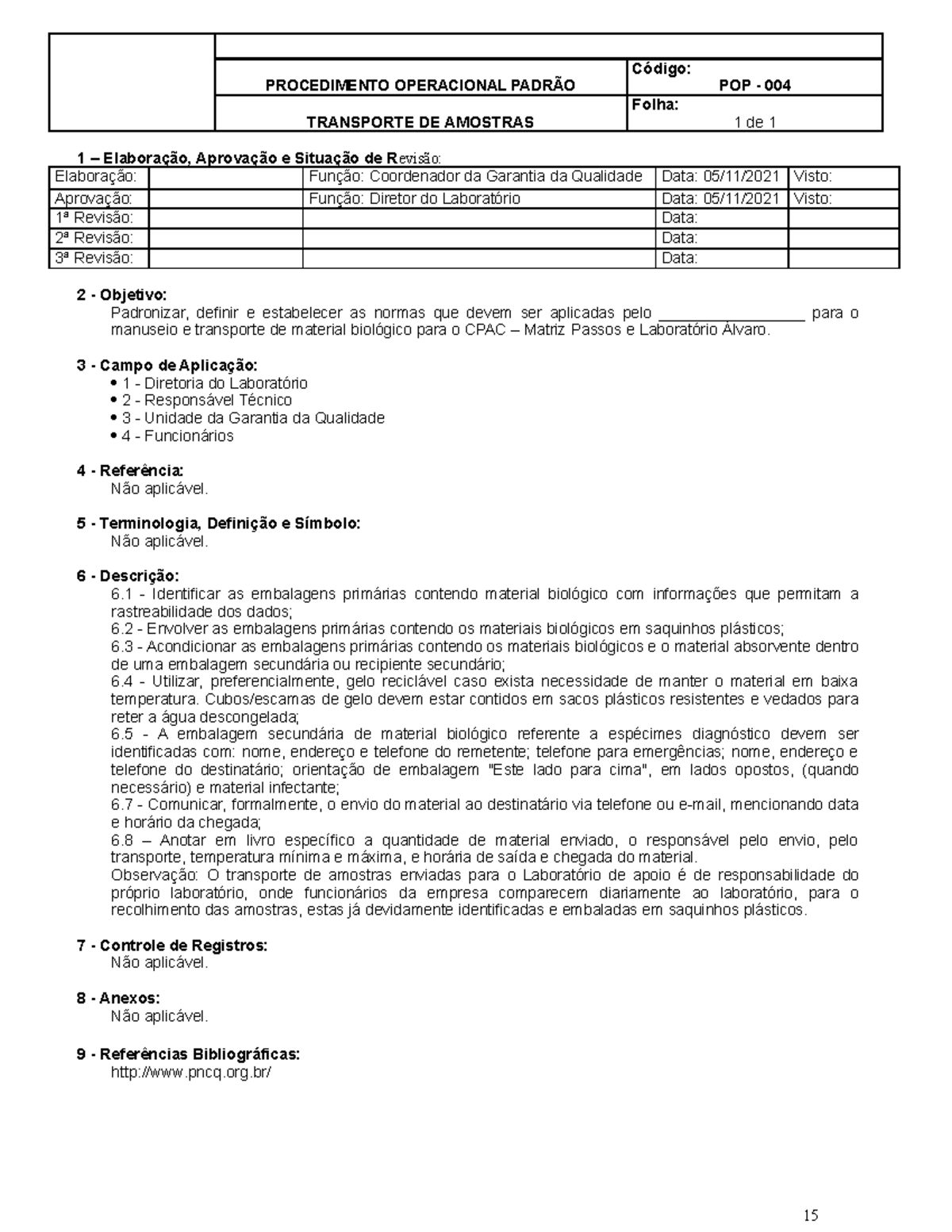 POP - 004 Transporte de amostras - PROCEDIMENTO OPERACIONAL PADRÃO ...