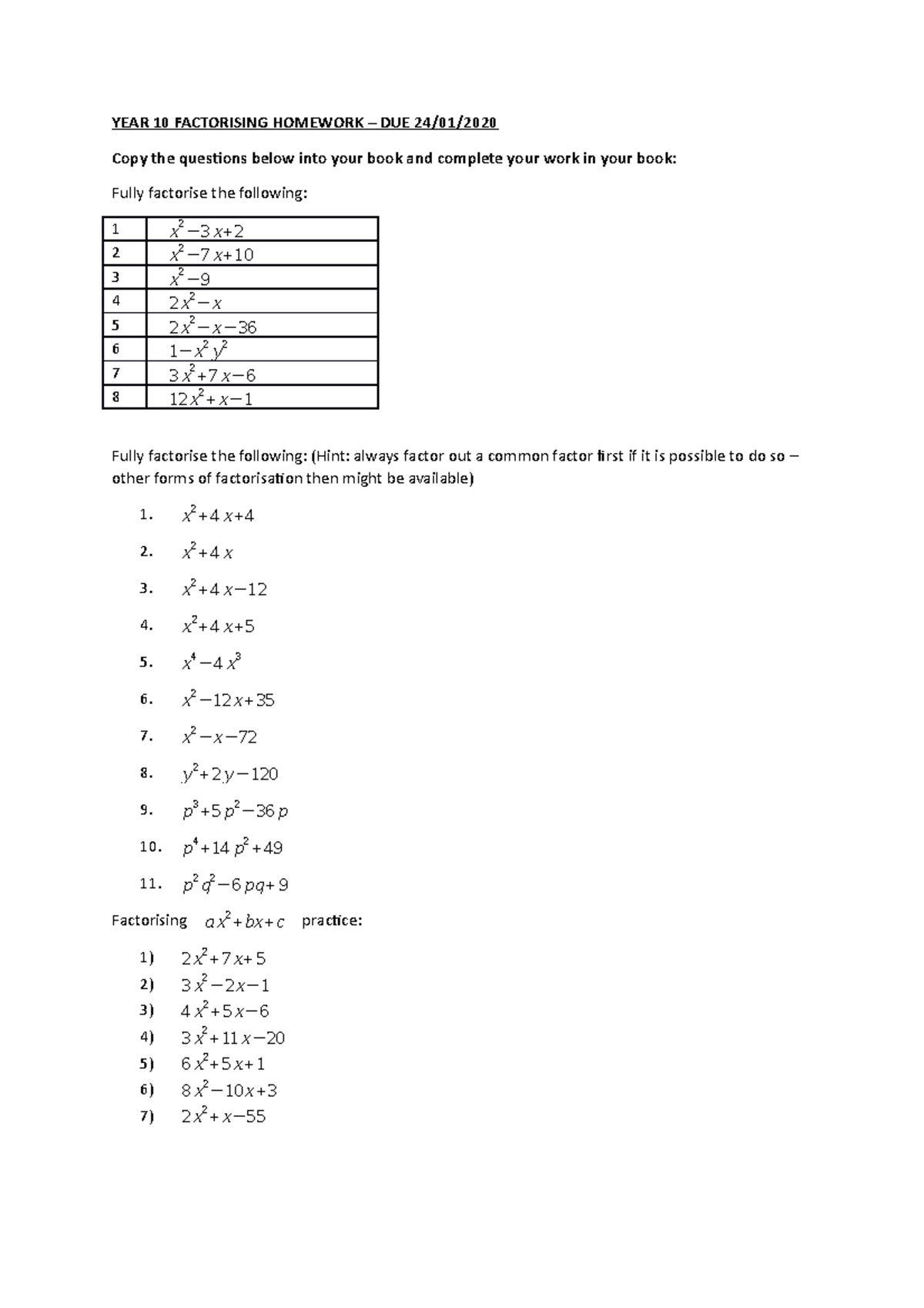 Factorising work sheet (practice questions) - YEAR 10 FACTORISING ...