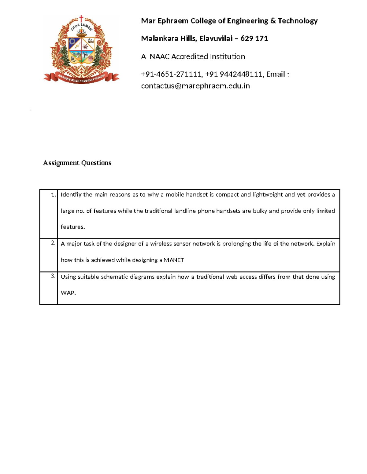 Assignment Qns - Mar Ephraem College of Engineering & Technology Malankara Hills, Elavuvilai ...