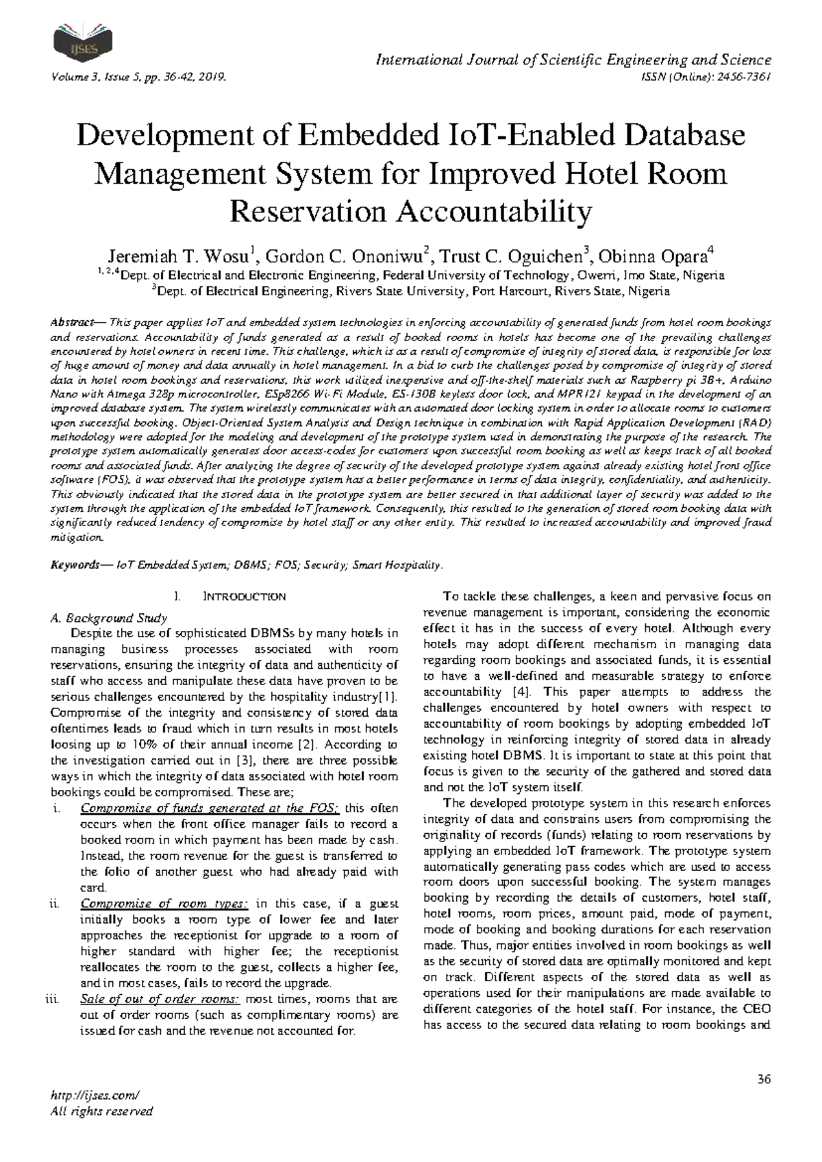 Development Of Embedded Io T Enabled Data Volume 3 Issue 5 Pp 36 42 2019 Issn Online