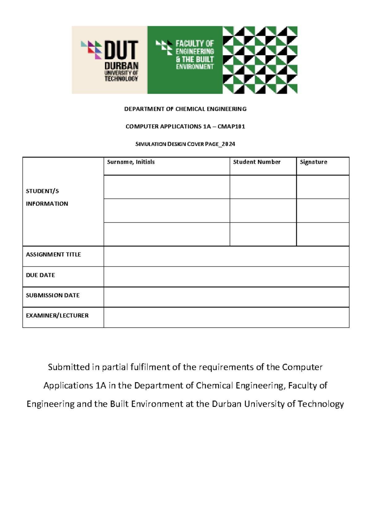 CMAP101 Excel Classwork 1 2024 - DEPARTMENT OF CHEMICAL ENGINEERING COMPUTER APPLICATIONS 1A ...