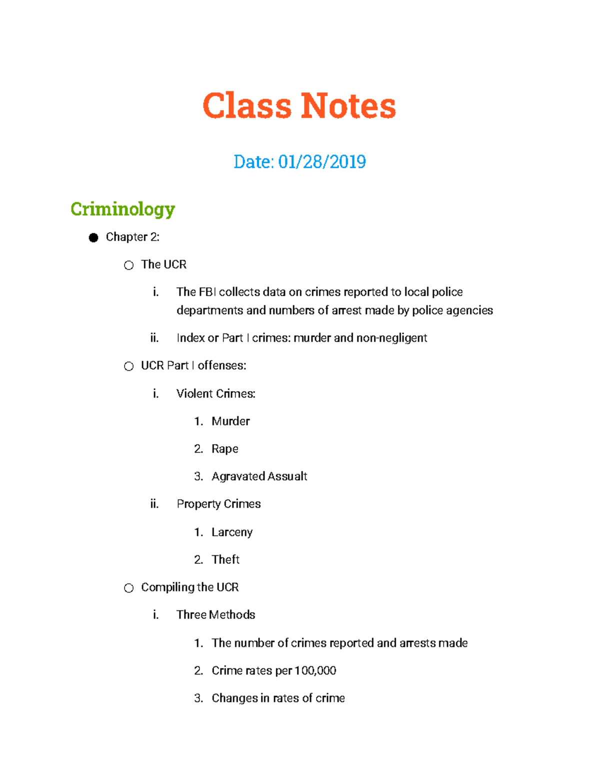Class notes 1 28 19 - Class Notes Date: 01/28/ Criminology Chapter 2 ...
