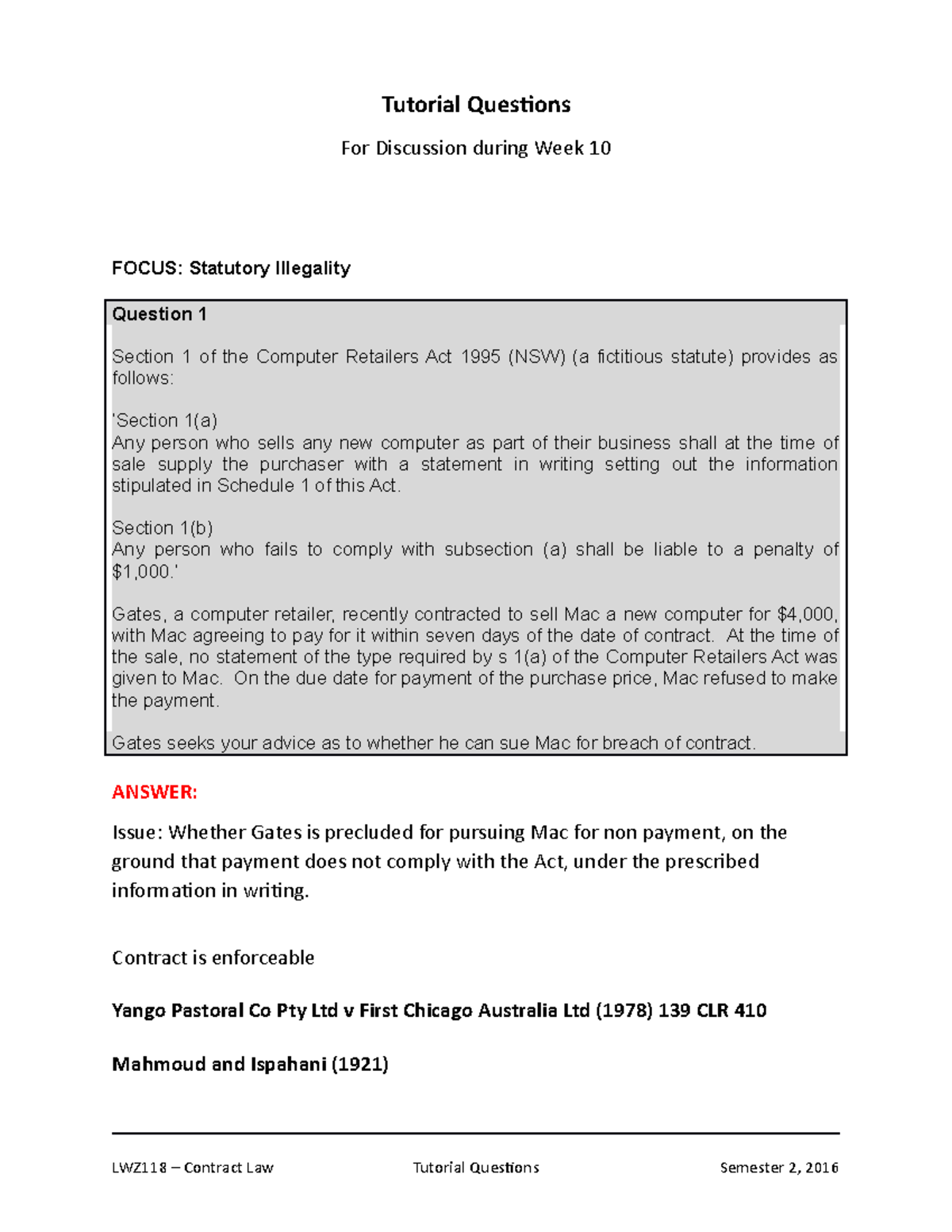 week 9 tutorial questions and answers - Tutorial Questions For Discussion during Week 10 FOCUS ...