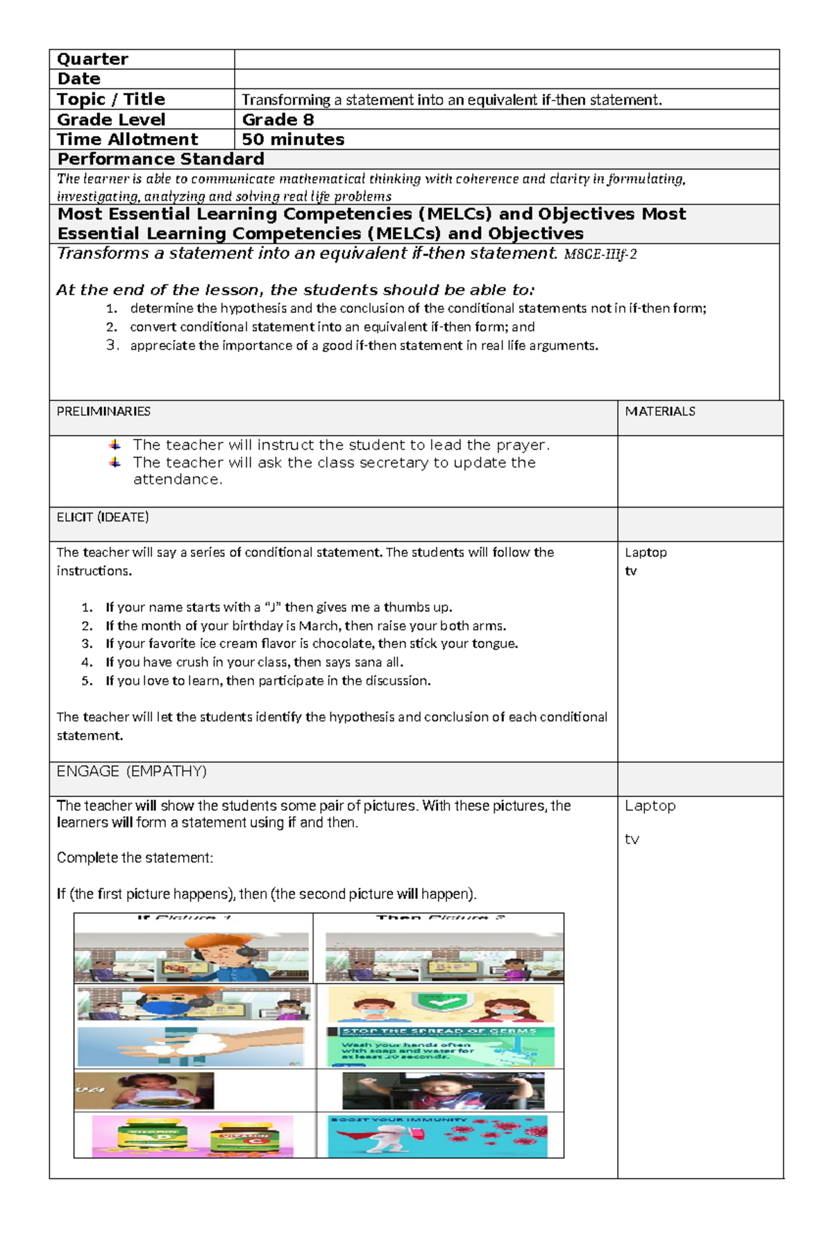 Class Observation in Math 8 - Quarter Date Topic / Title Transforming a ...