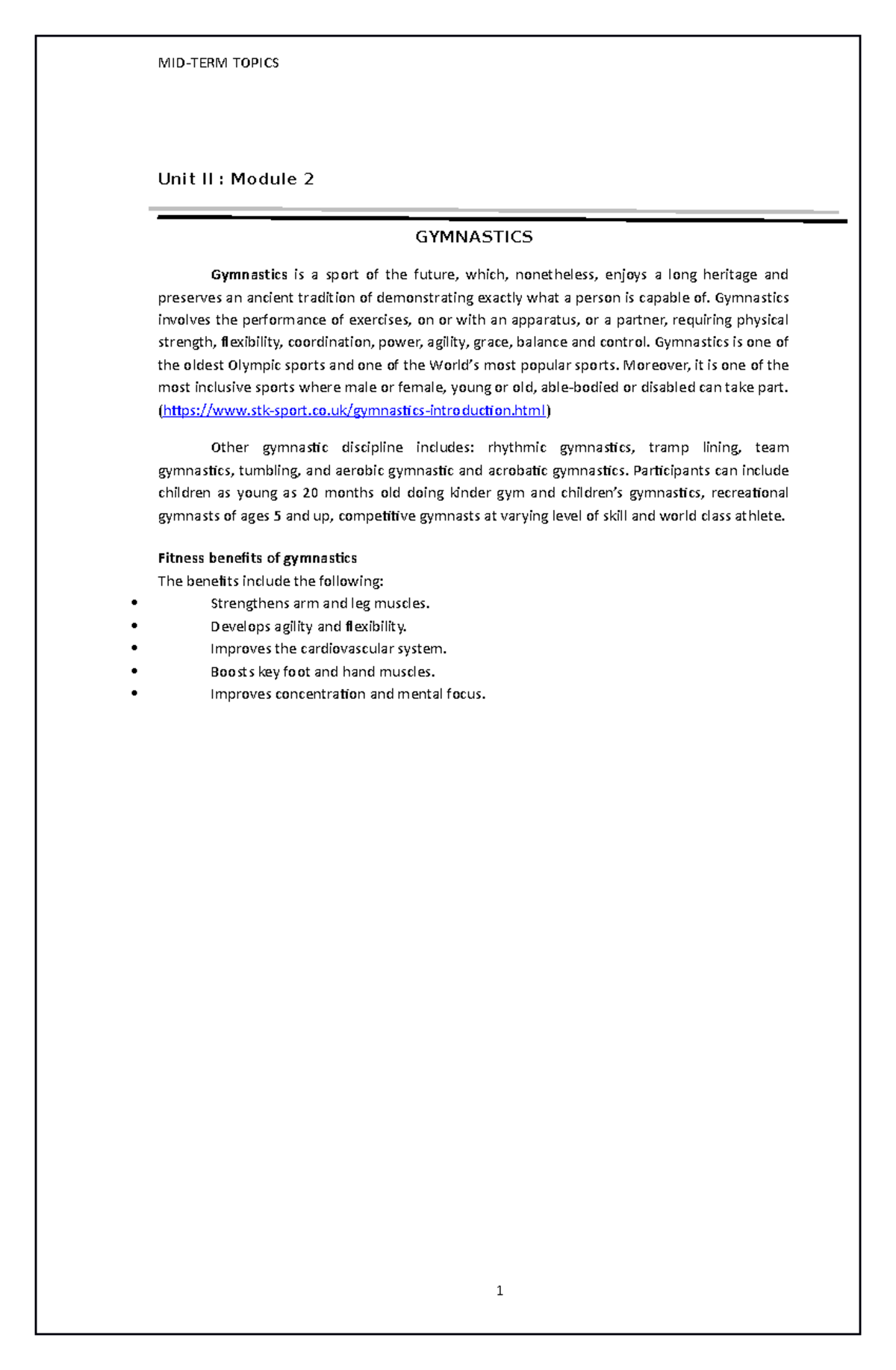 Module in PE1 midterm - Unit II : Module 2 GYMNASTICS Gуmnаѕtісѕ іѕ а ...