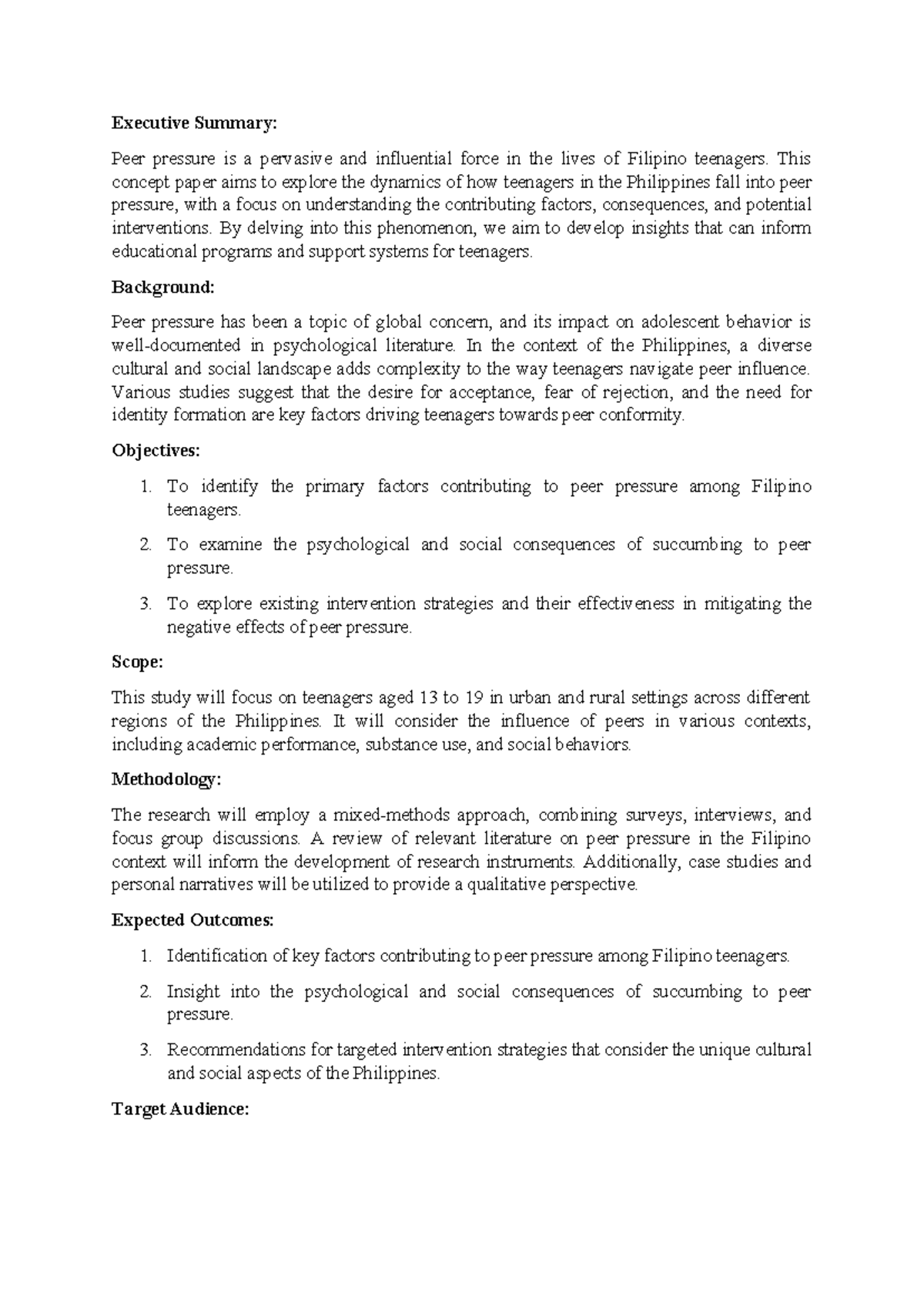 Concept Paper Understanding Peer Pressure Among Filipino Teenagers ...